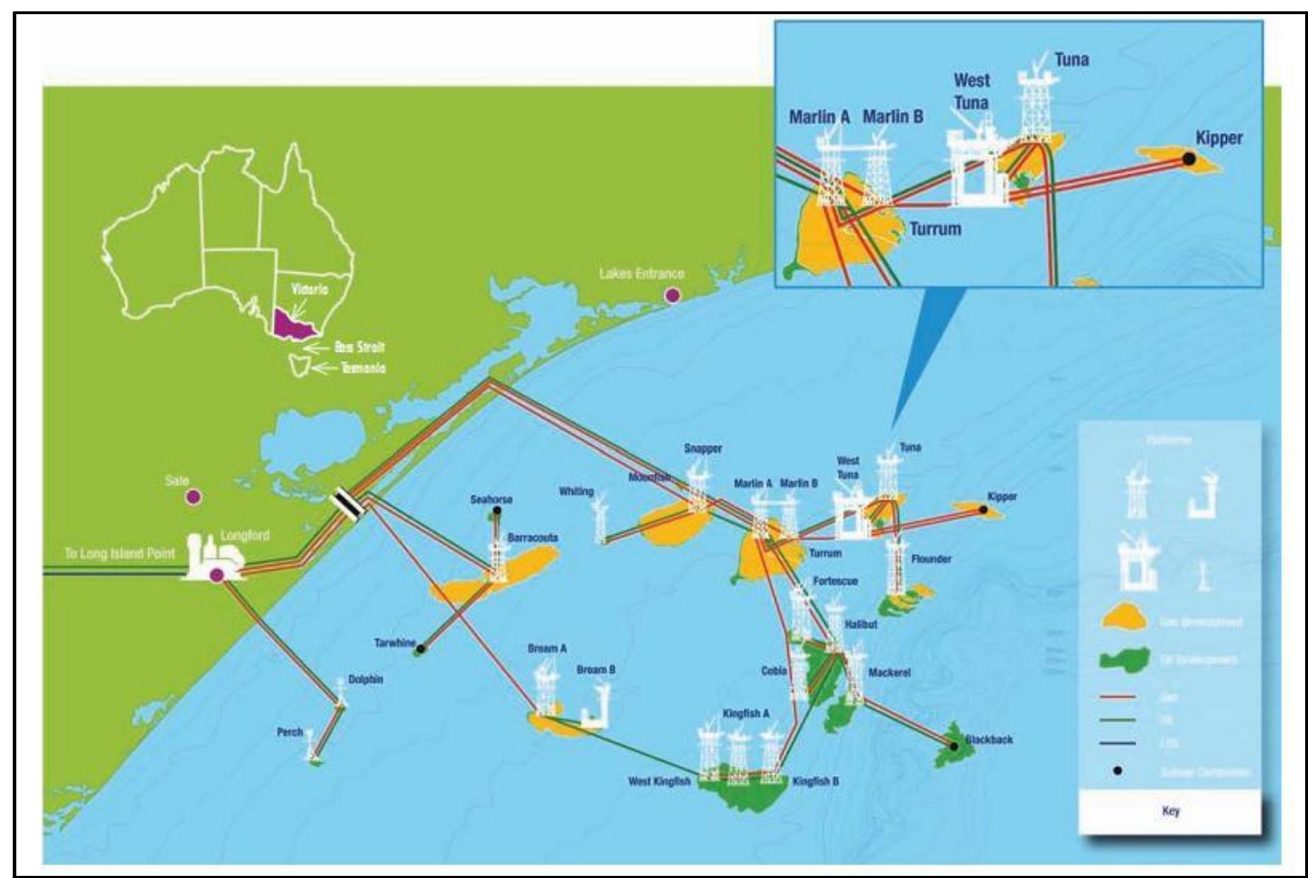 Map 3.2: the bass strait oil and gas production system in
