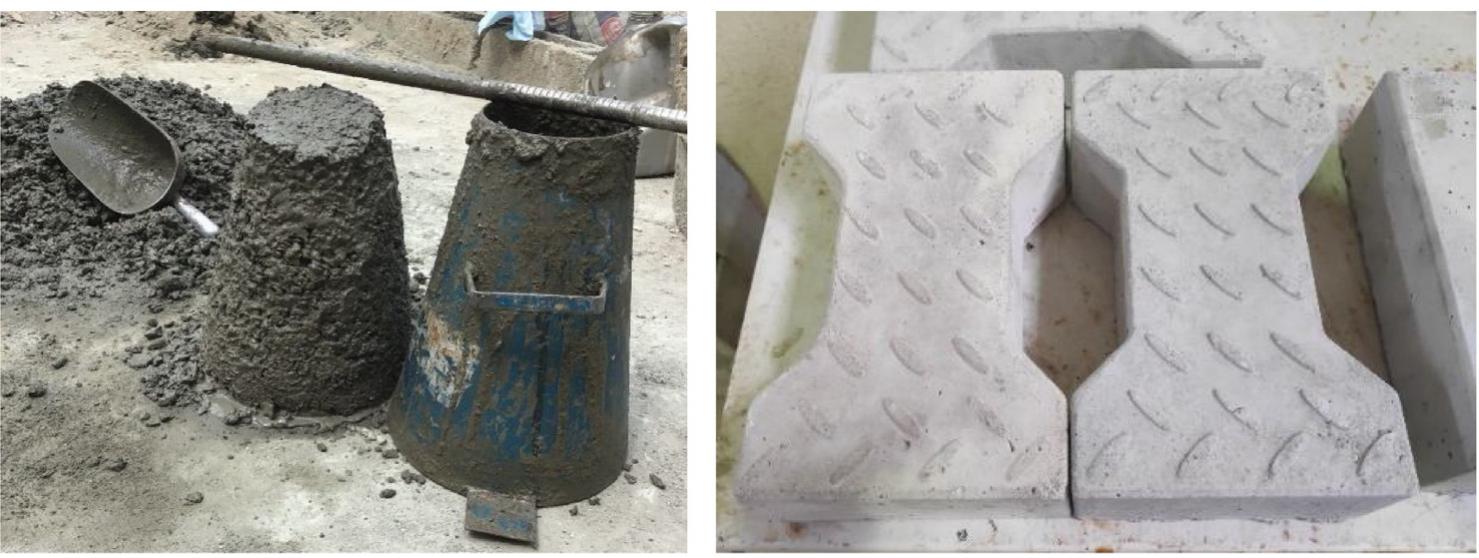 Slump of concrete mix (left); interlocking concrete paver