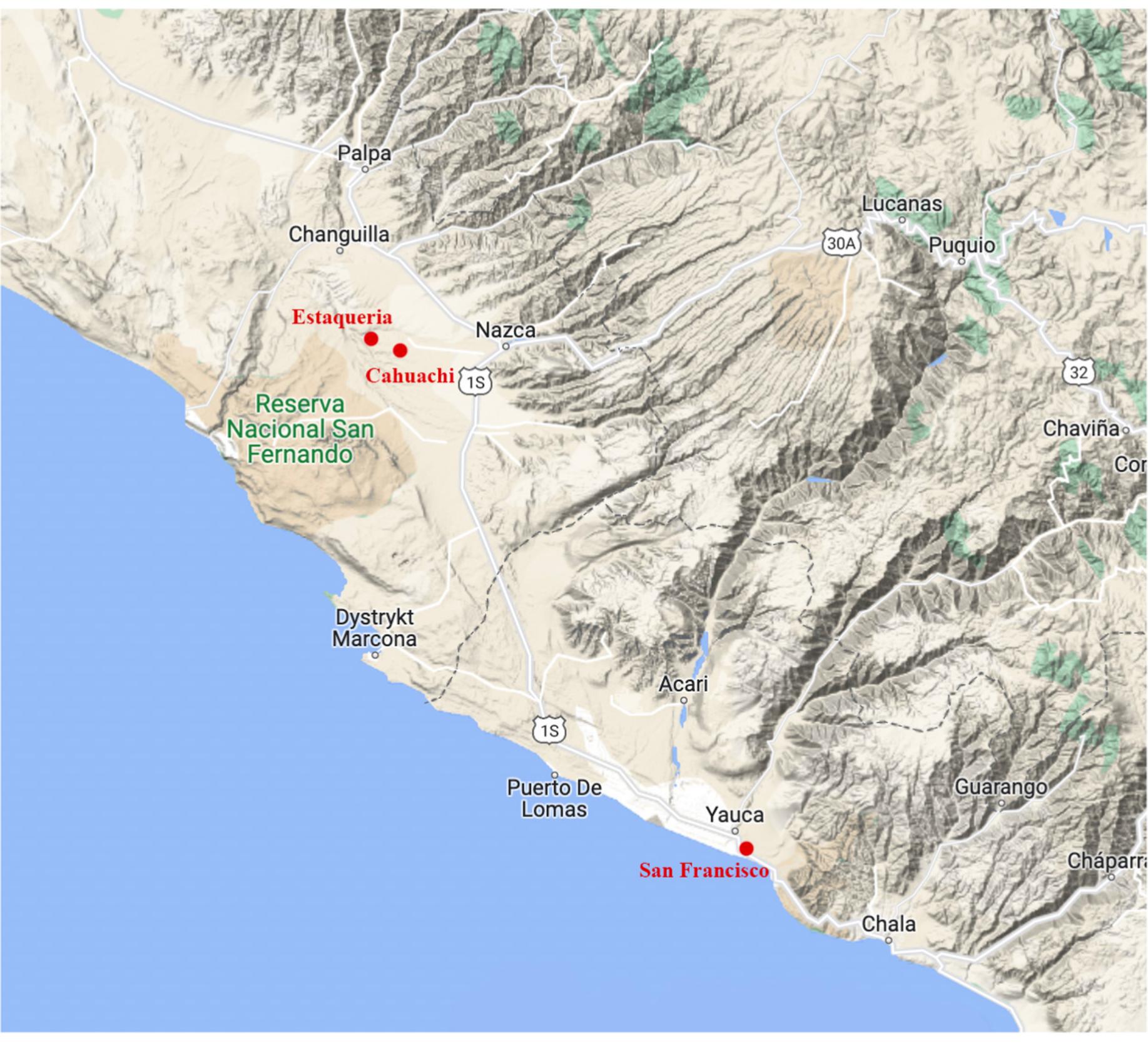 Map of the southern peruvian coast (google maps). in the