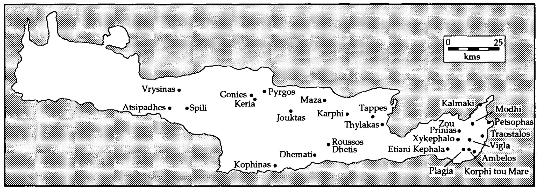 Map of crete with locations of peak sanctuaries referred to