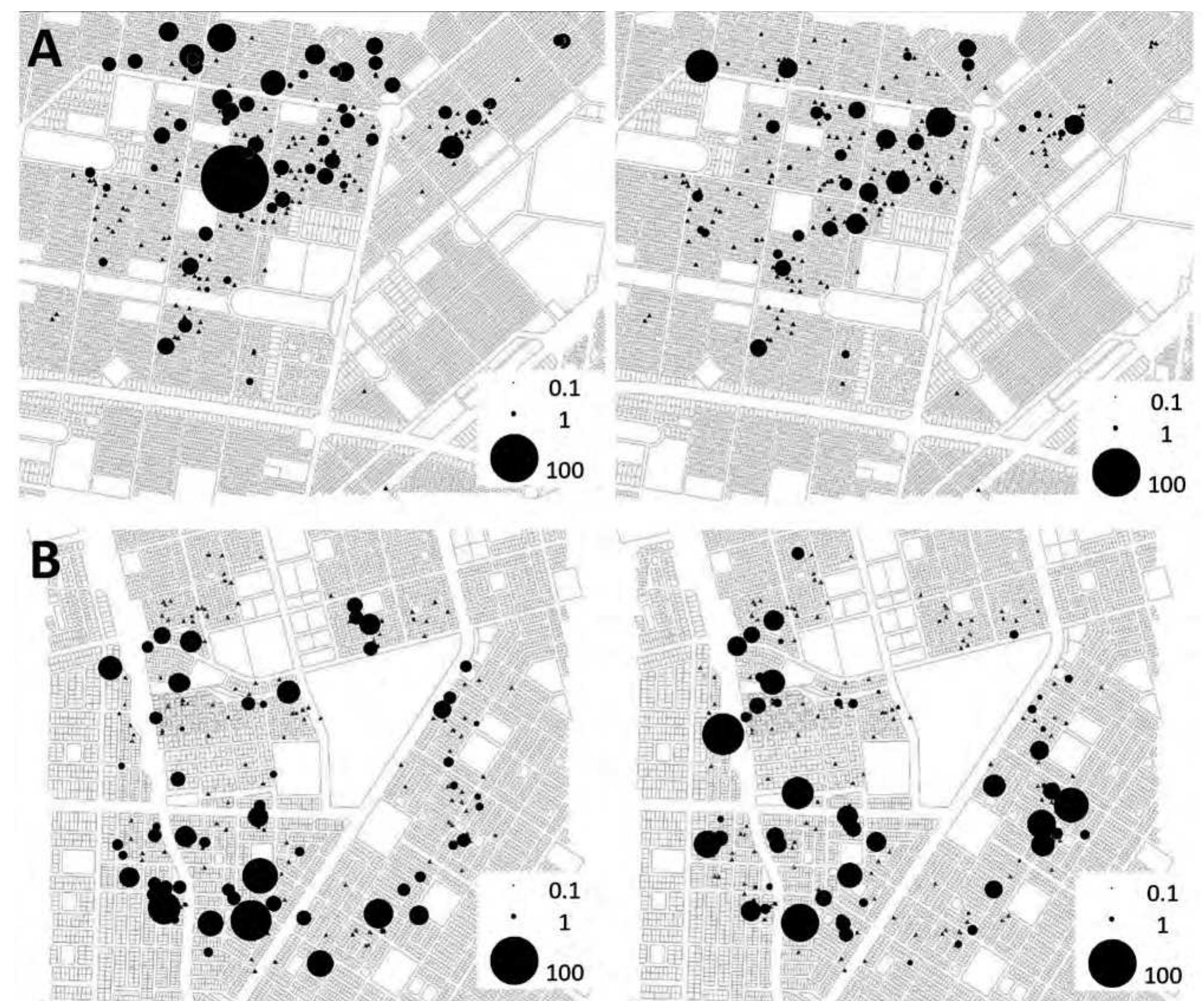 Aedes aegypti larvae and pupae per resident (black dots) in
