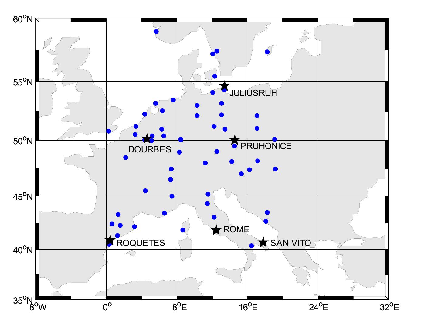 Map of igs european observation stations and ionosondes.