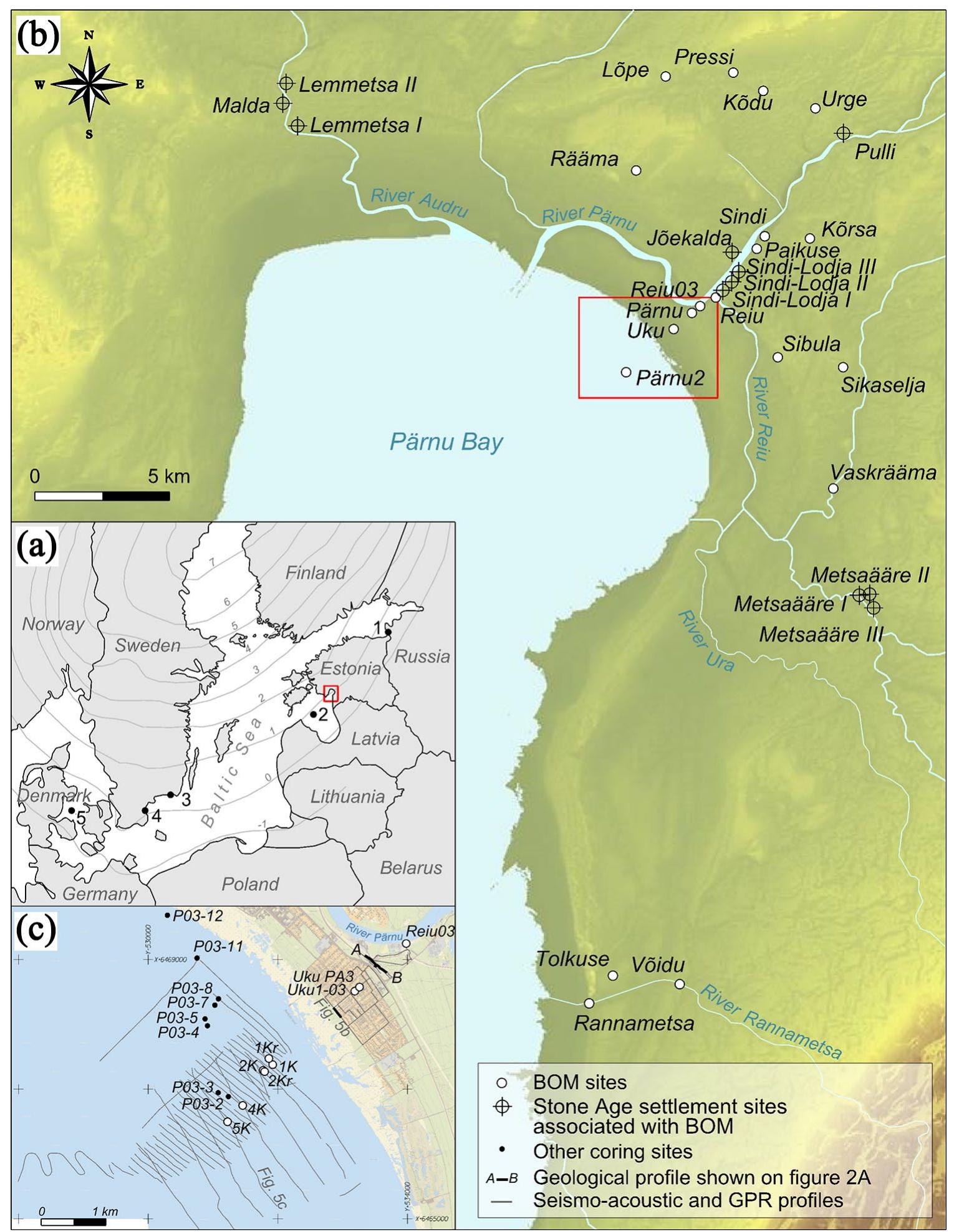 a) an overview map of the study area with present-day