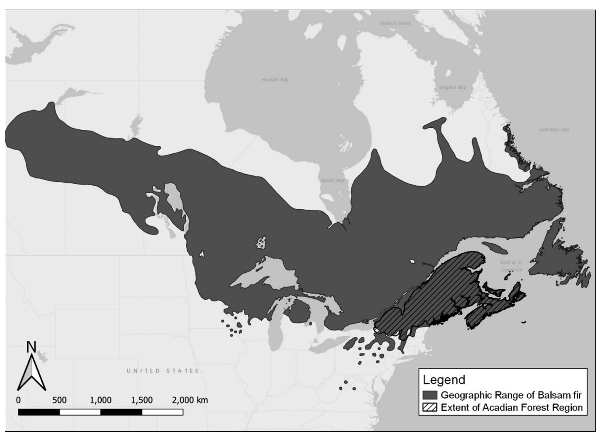 Map of range of balsam fir and location of the acadian