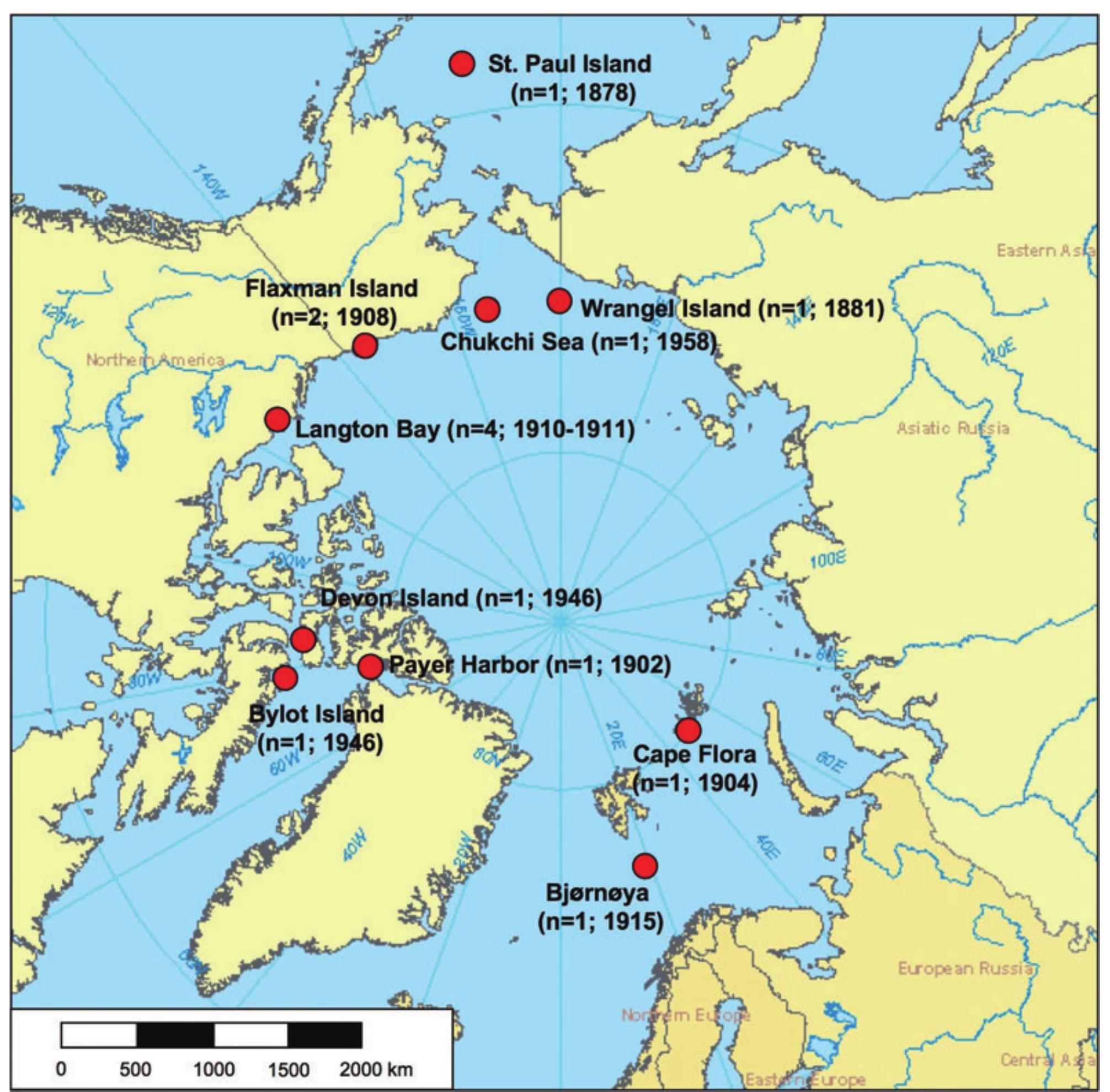 Map showing the collection locations, number of specimens