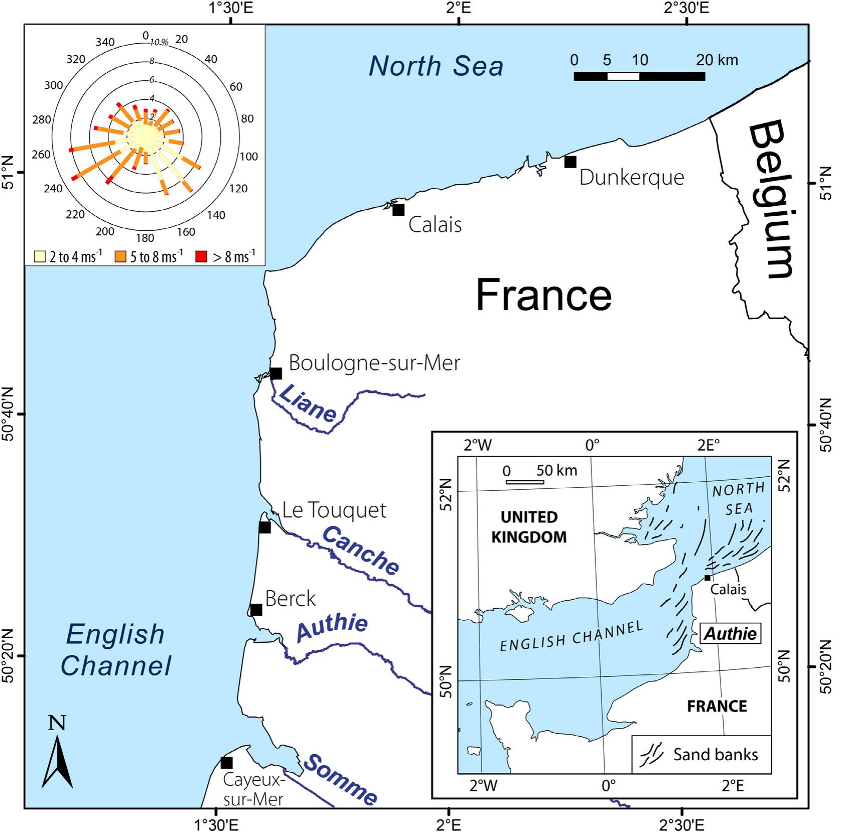 Location map of the study area and wind rose diagram for le