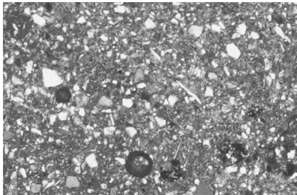 Photograph of local clay sample ir in thin-section, crossed