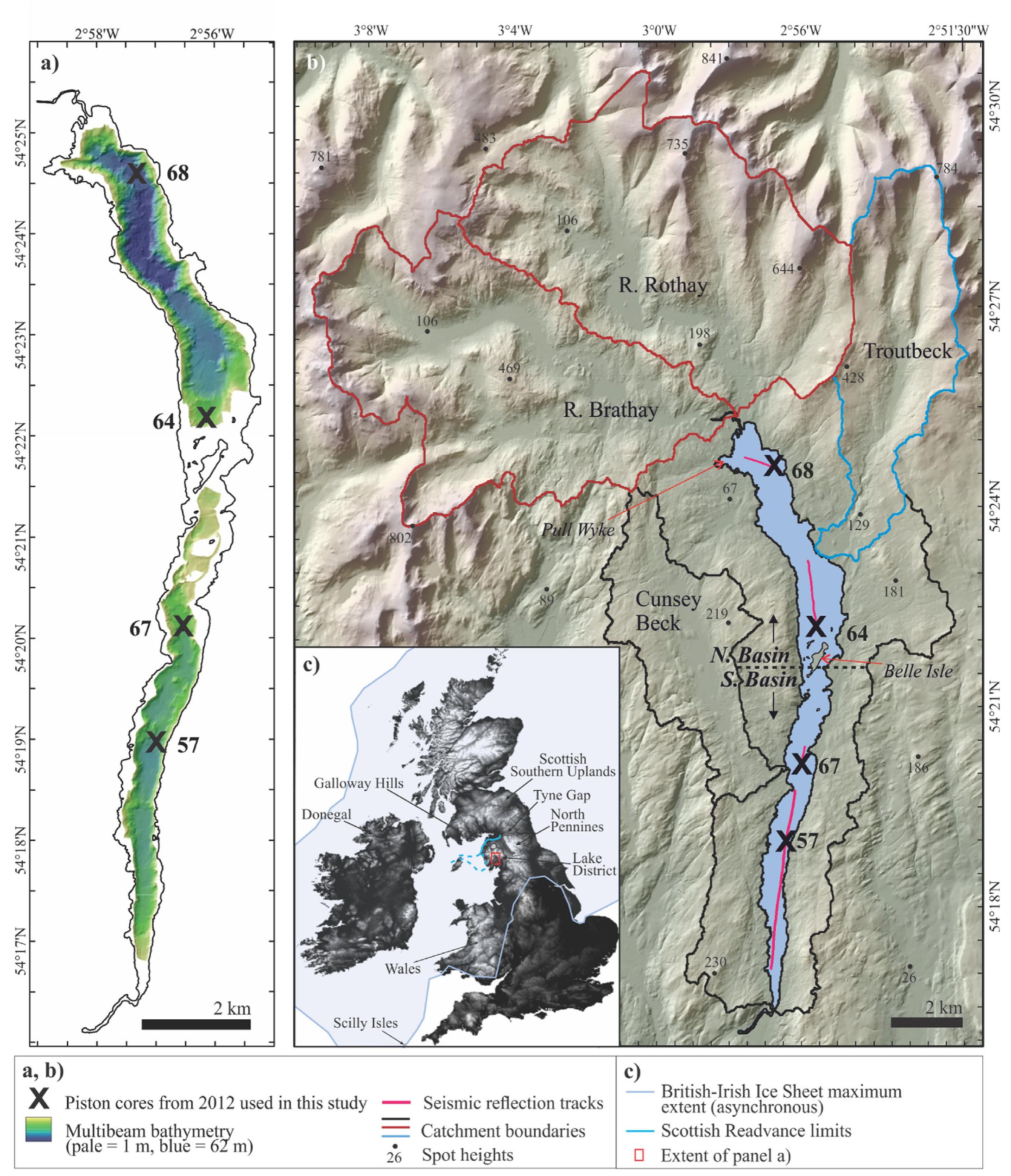 Map of the study area. a) multibeam bathymetry of windermere