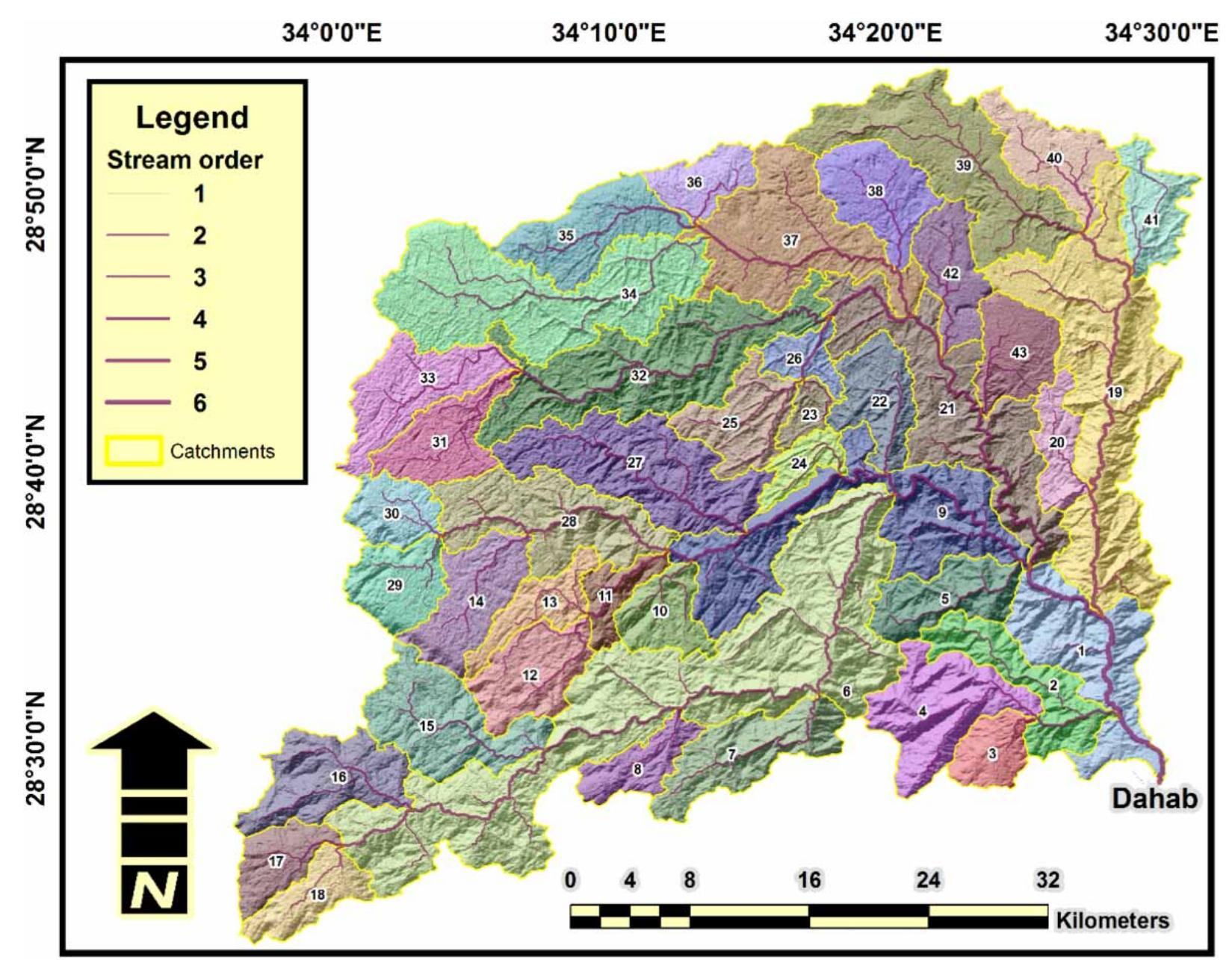 | the watershed map shows 43 catchments and six stream