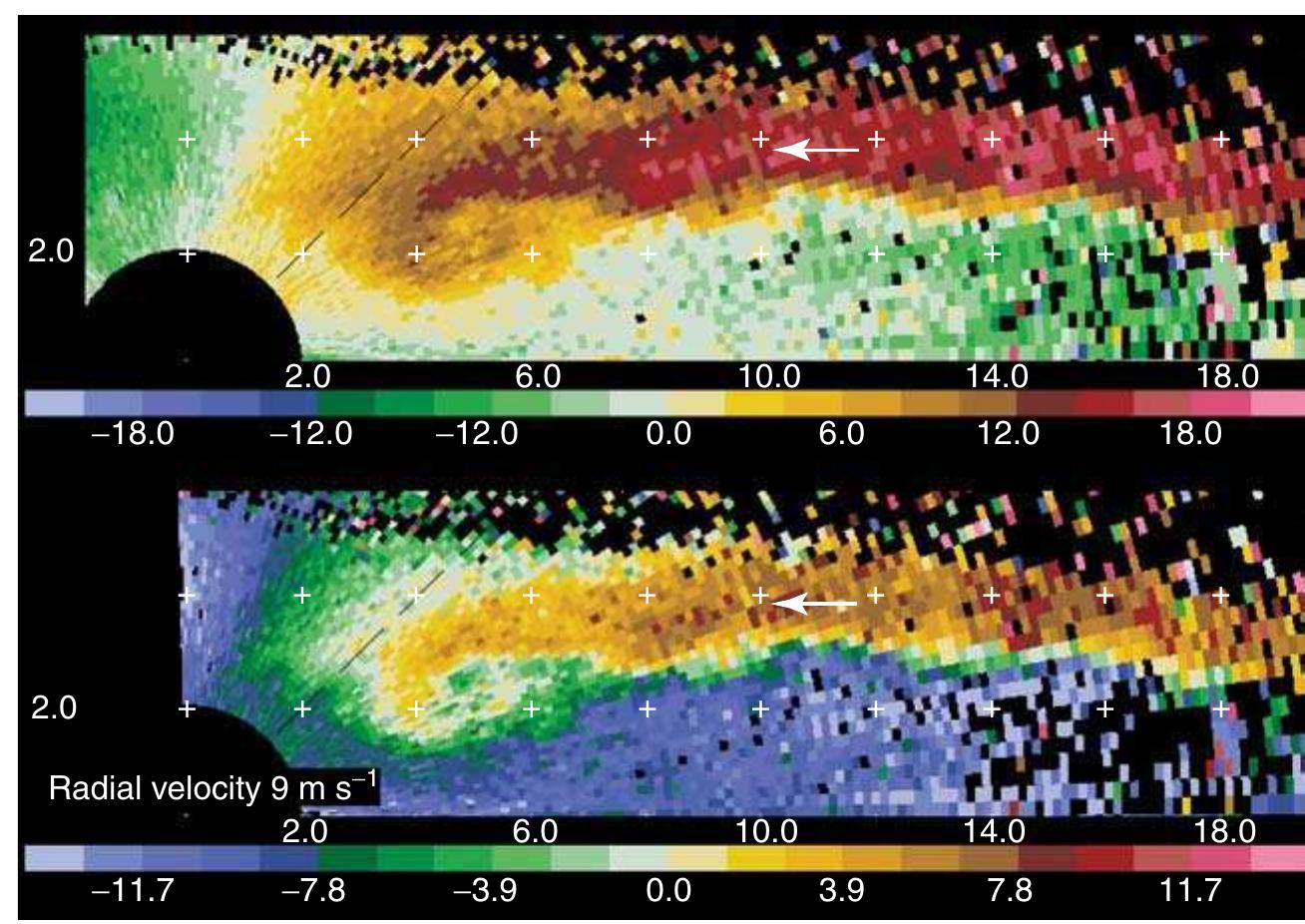 Doppler lidar display showing the rollup of a vortex sheet