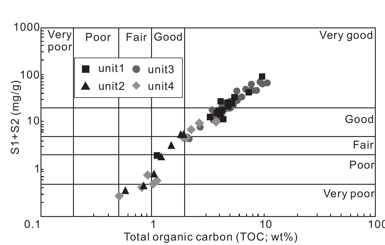 Plot of generative potential rock-eval (s,+s,) versus toc