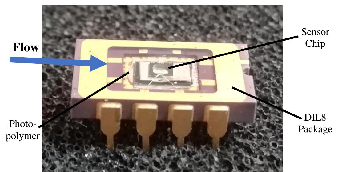 Photograph of a thermal shear stress sensor wedge bonded on