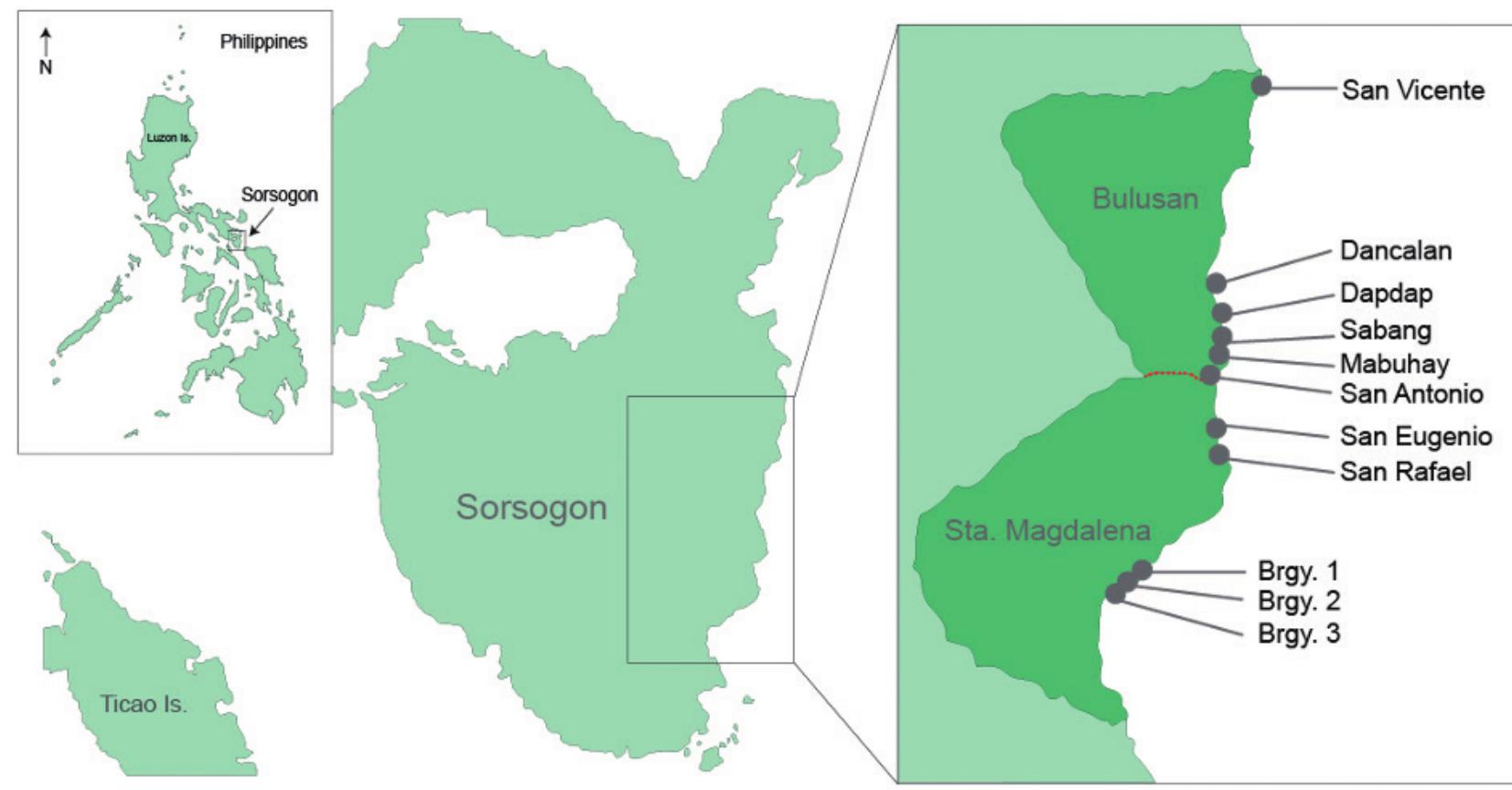 Map of eastern sorsogon showing the study sites in bulusan