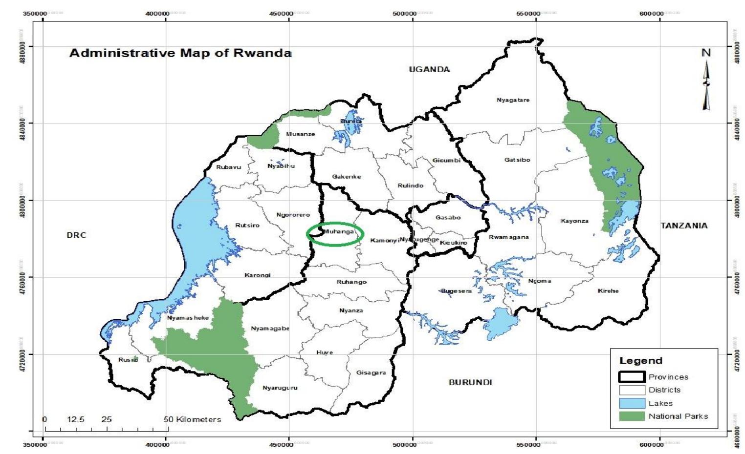 Rwanda administrative map showing the study area (muhanga