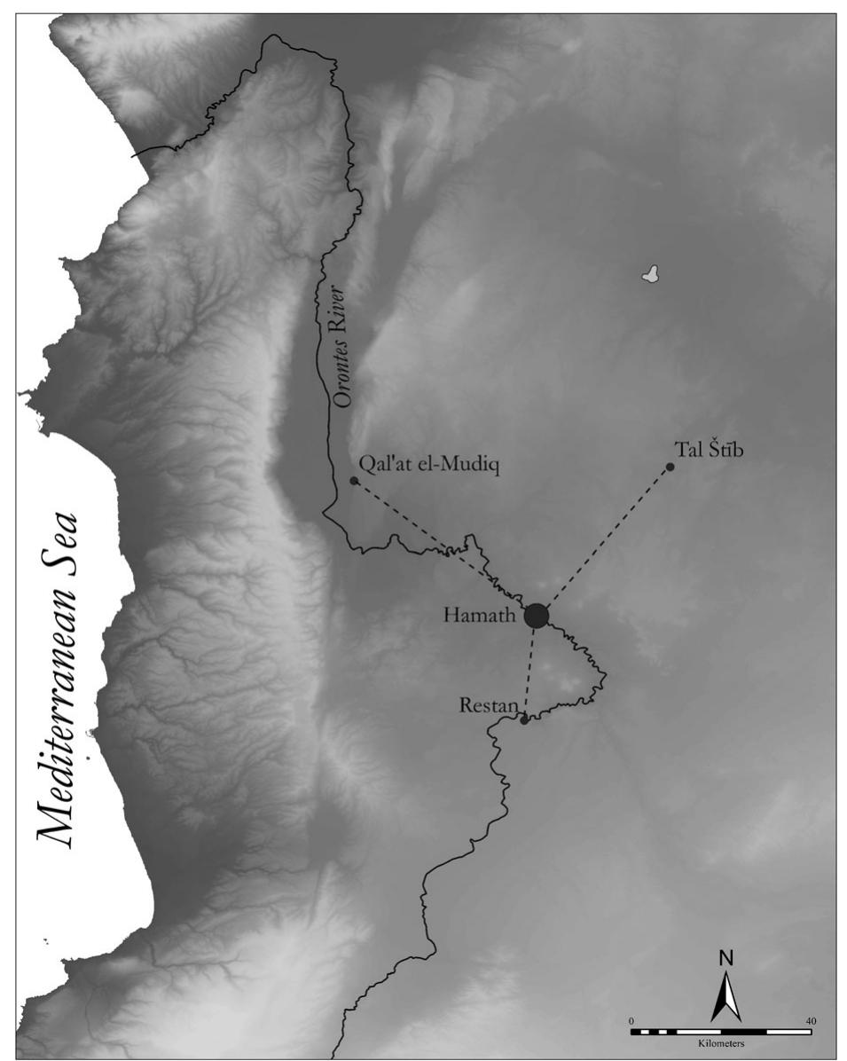 Map of hamath showing the locations of urhilina’s monuments.