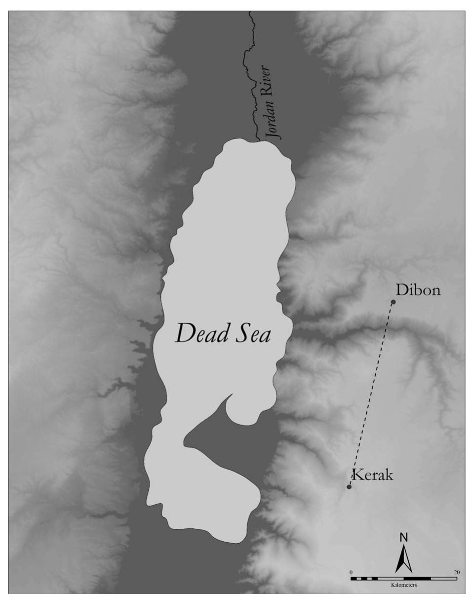 Map of moab showing the locations of mesha’s monuments.