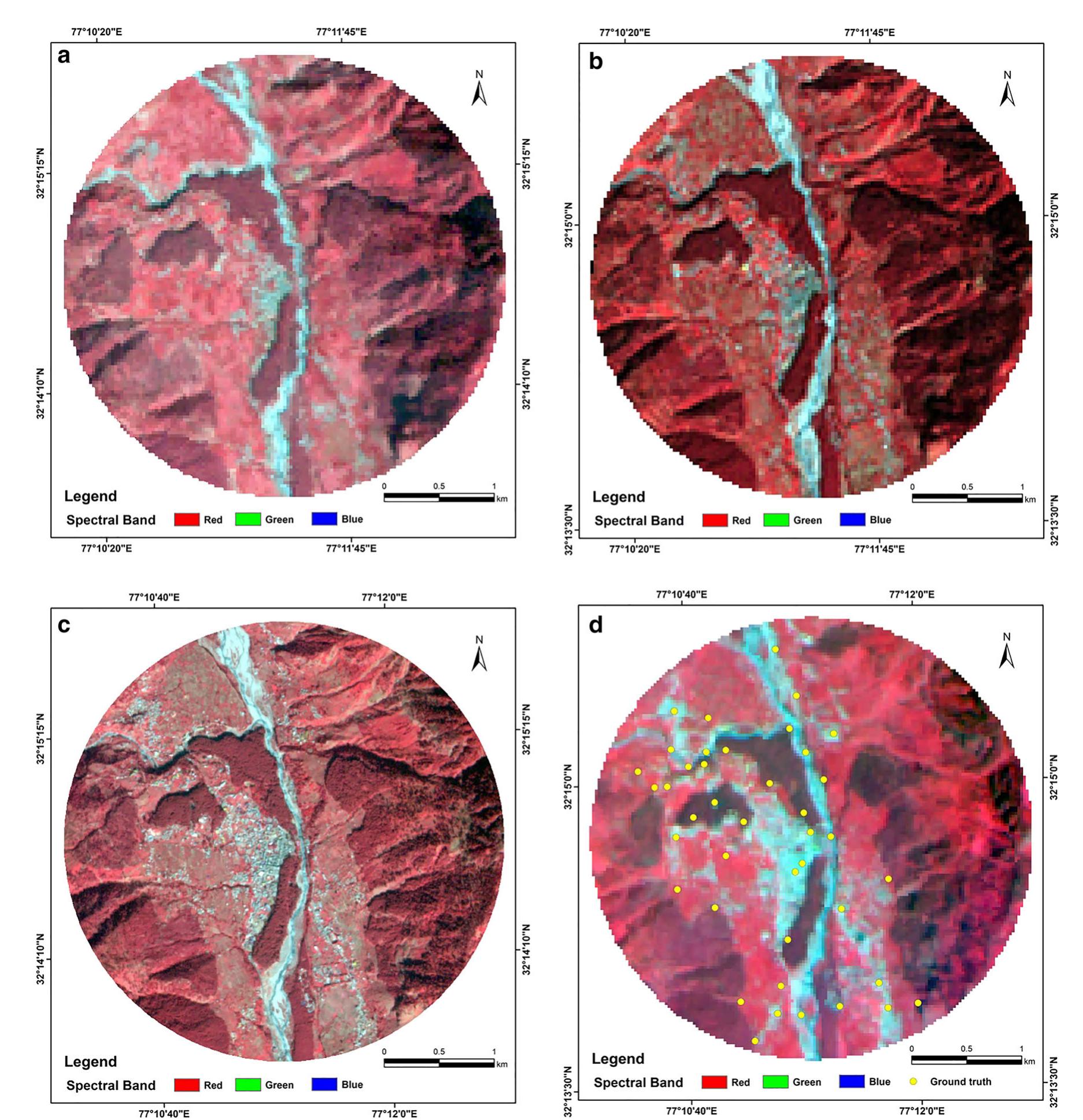 False colour composite (fcc) images of the study area (a 09
