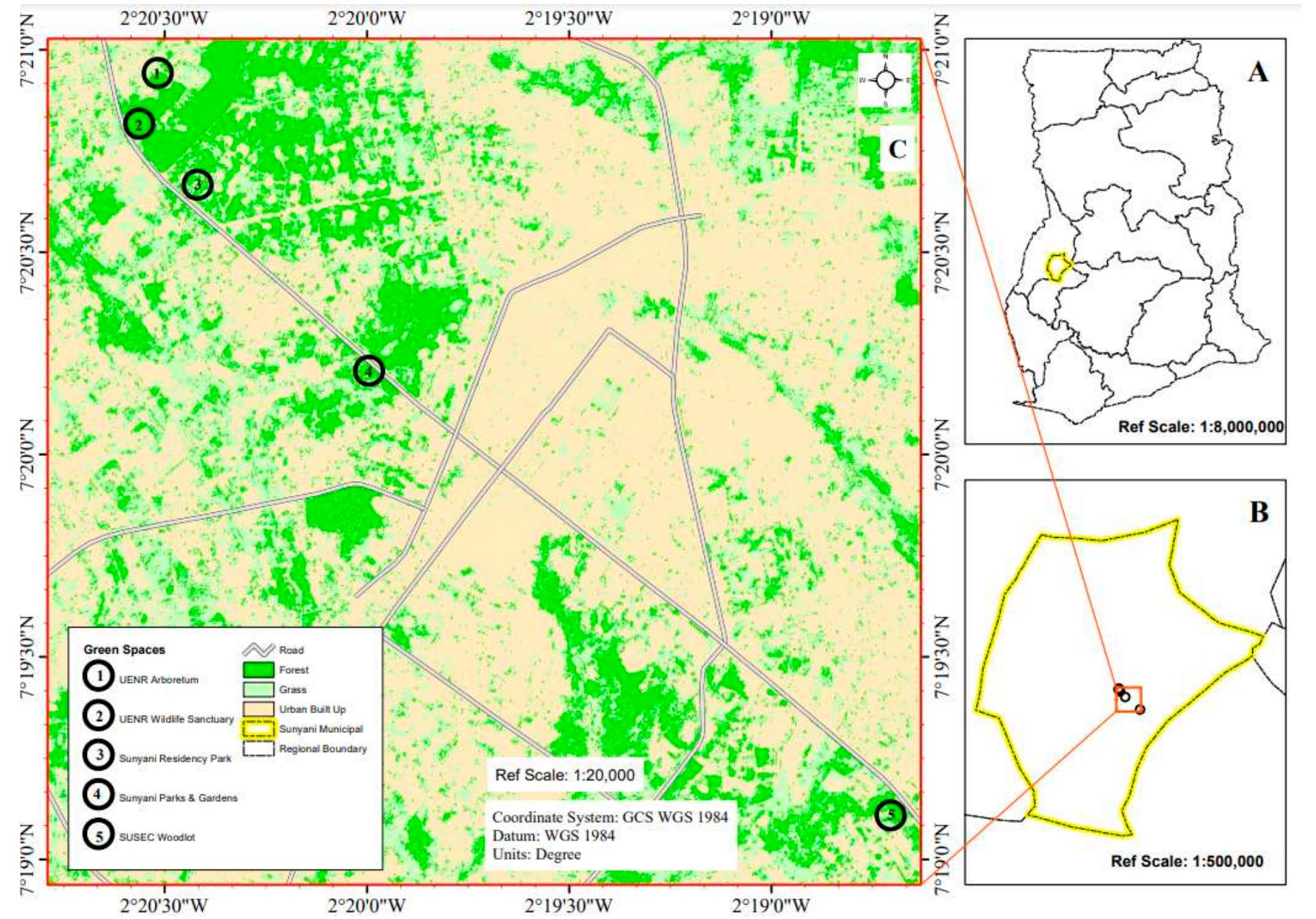 Study area map with ghana and its regions (a), sunyani