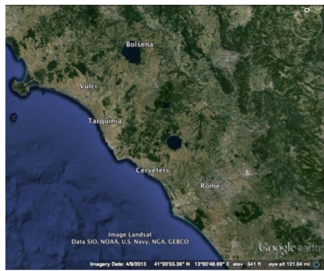 Map from google earth locating vulci in relation to the