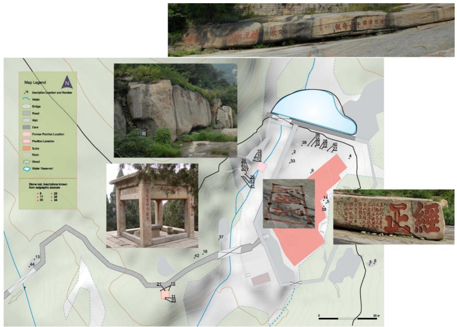 Map of rock cut inscriptions in sitra stone valley, mount