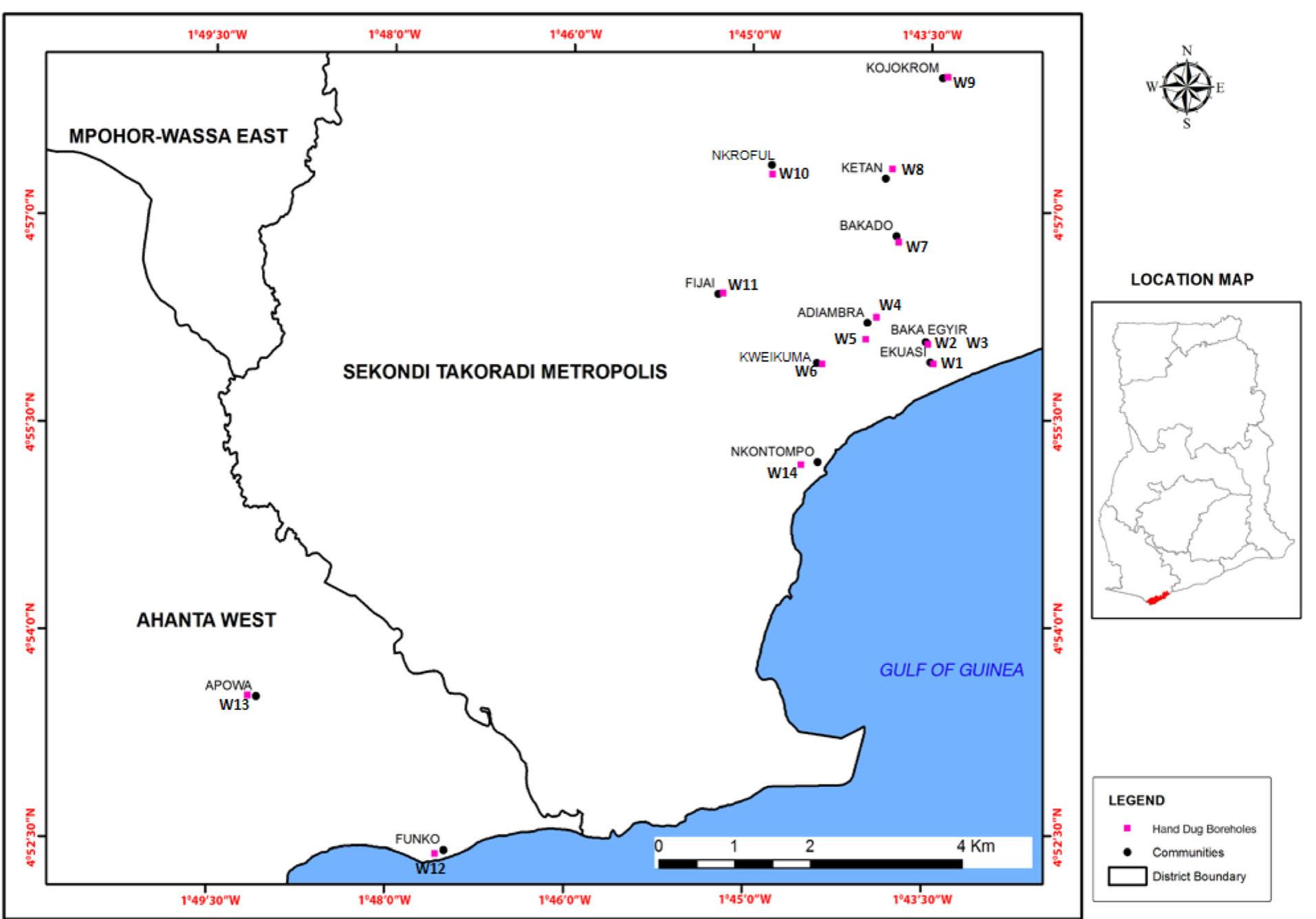 Location map showing towns and hand-dug public wells sampled