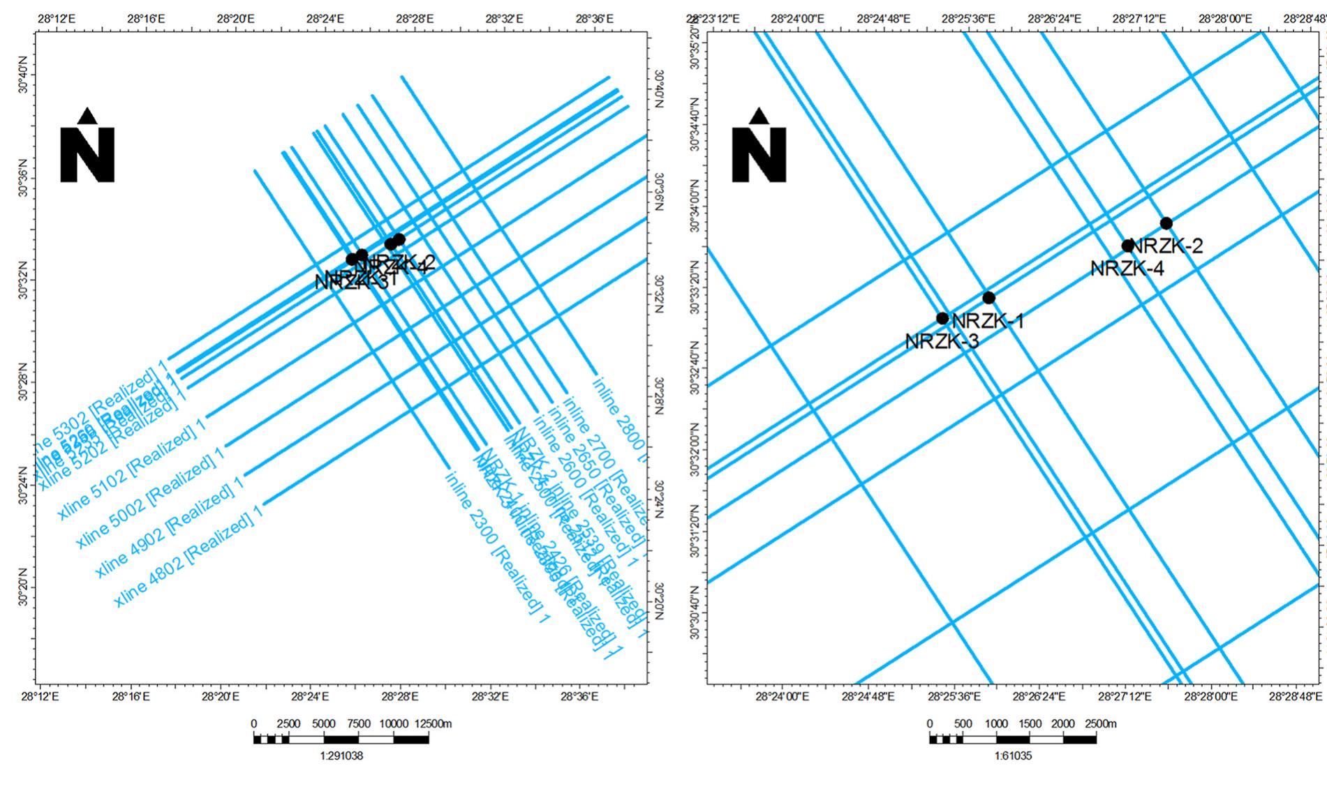 Base map show positions of the examined seismic sections and