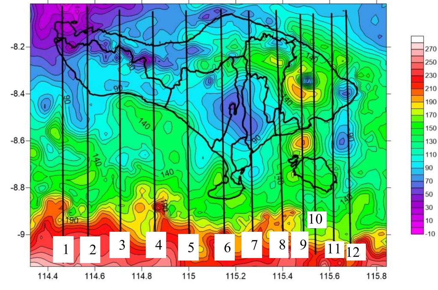 Map of bouguer anomalies on bali island with 12 line the