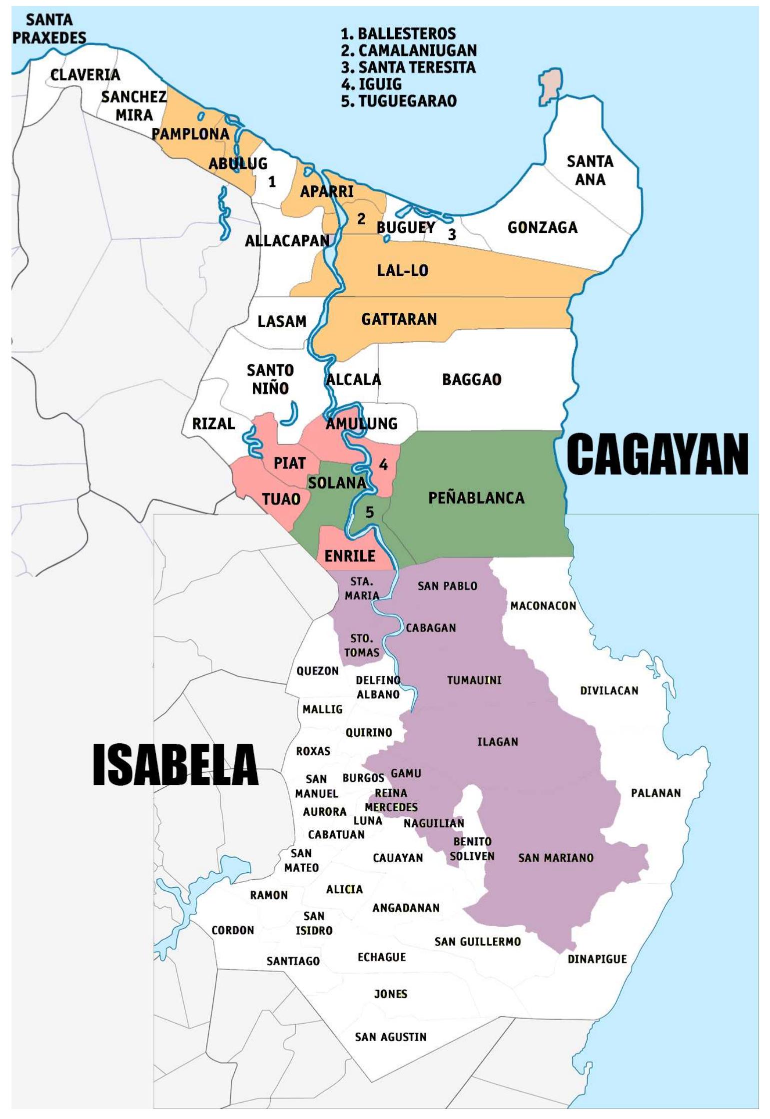 Map of the provinces of cagayan and isabela: the towns