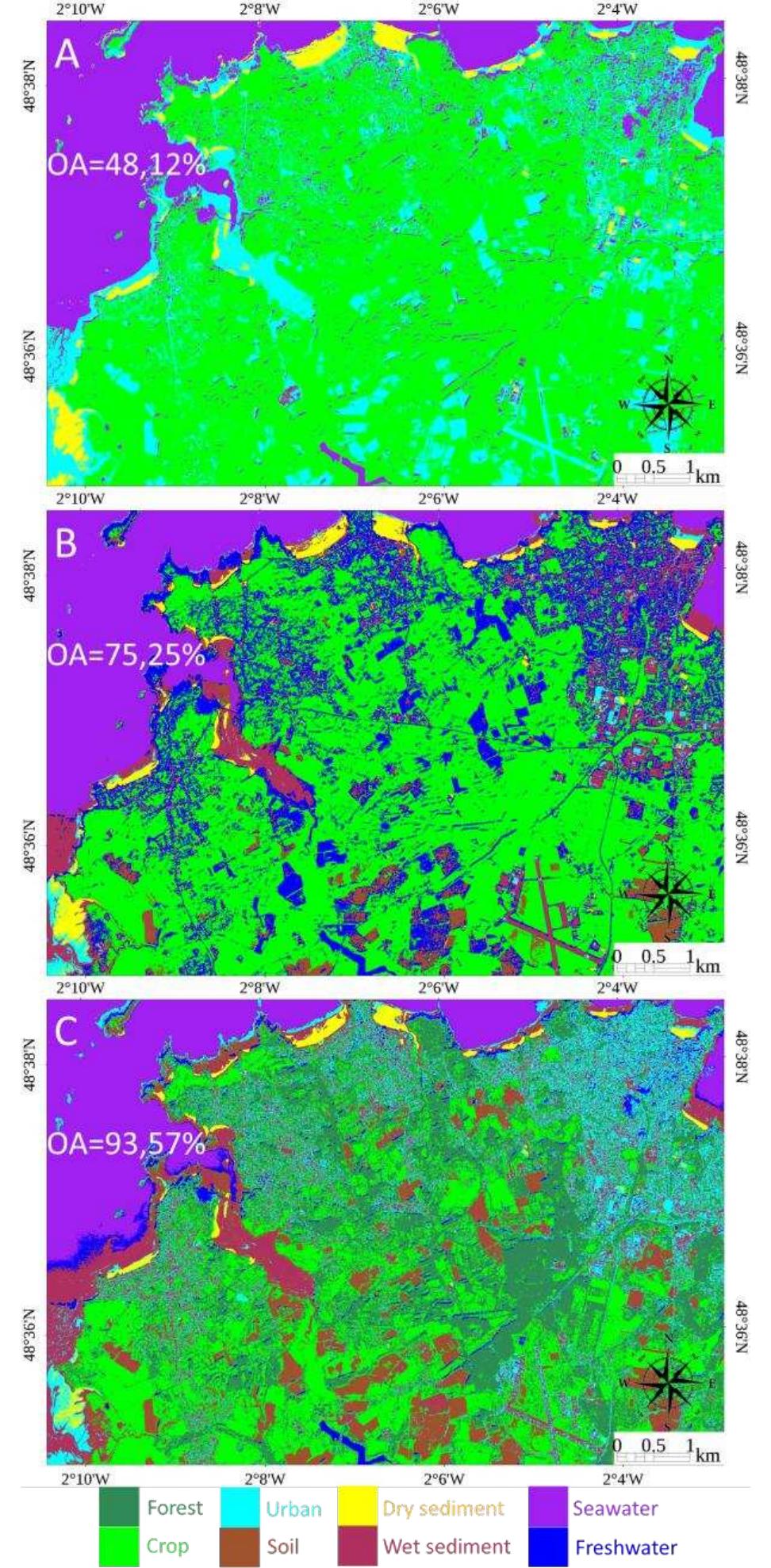 Neural network classification maps and overall accuracies of