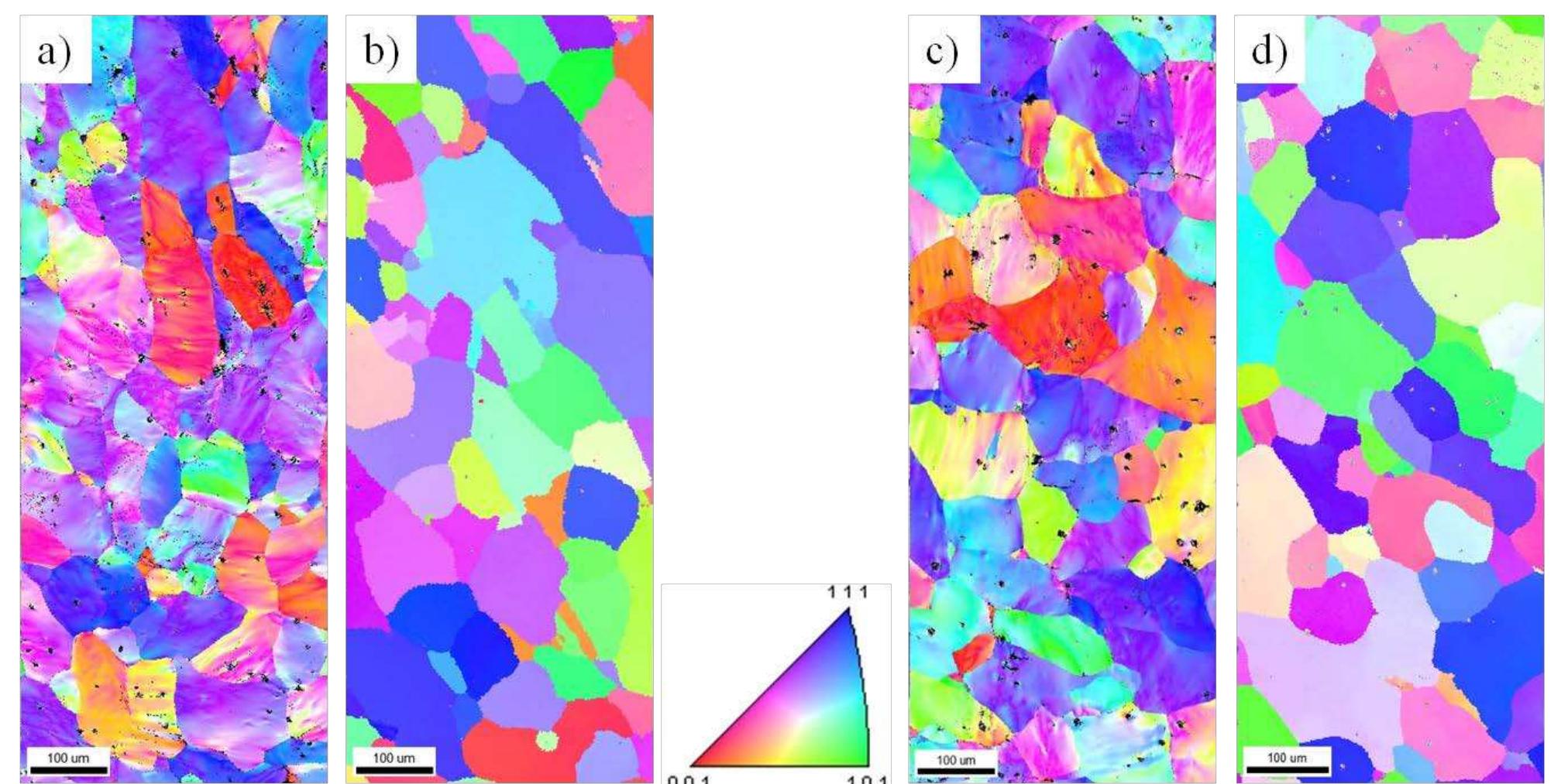 Ebsd crystal orientation maps of ornl-a a) as-drawn b)