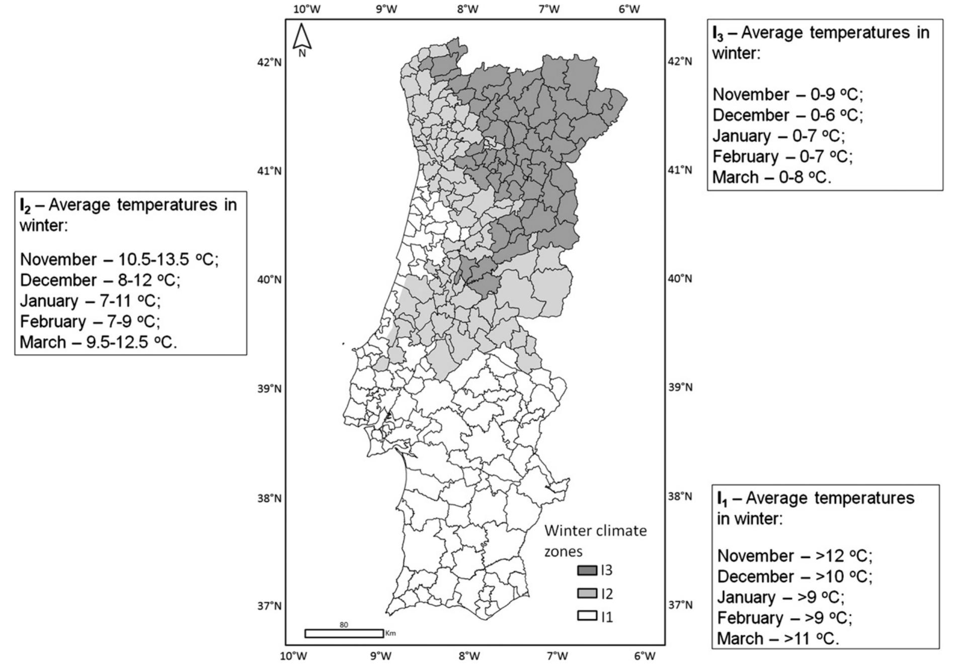 Portuguese winter climate zones (adapted from rccte