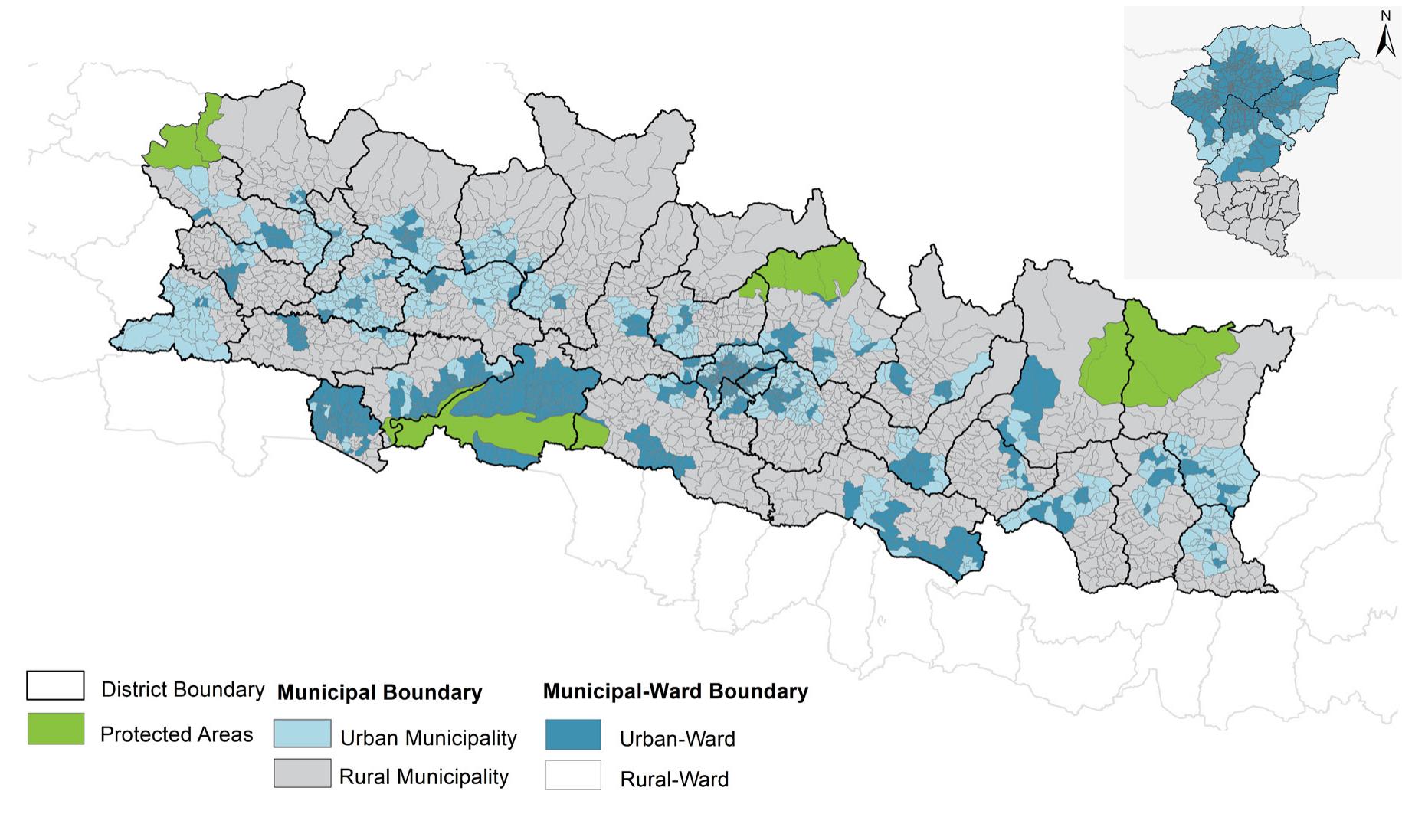 Map showing urban and rural wards. inset: urban wards