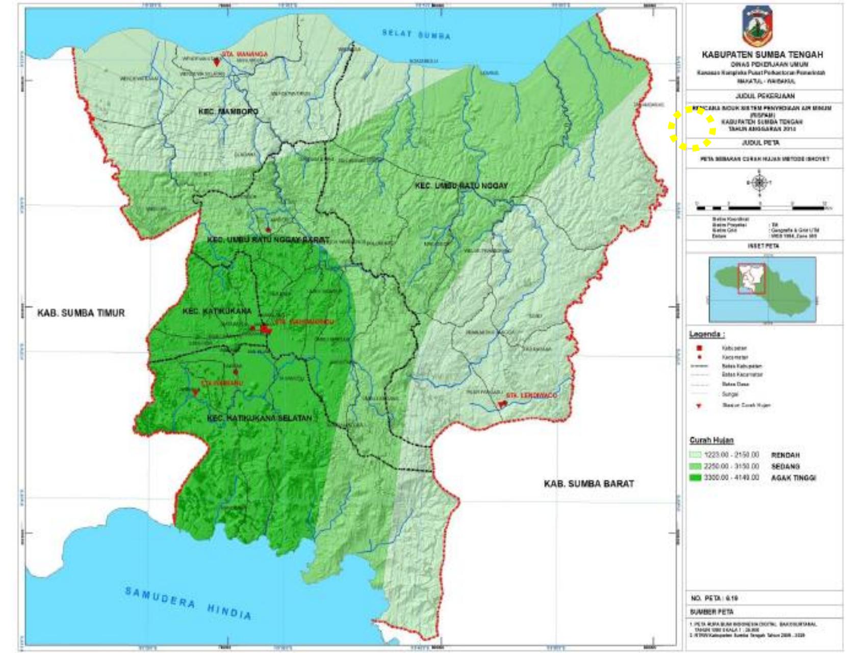 Isohyets rainfall distribution map of central sumba regency