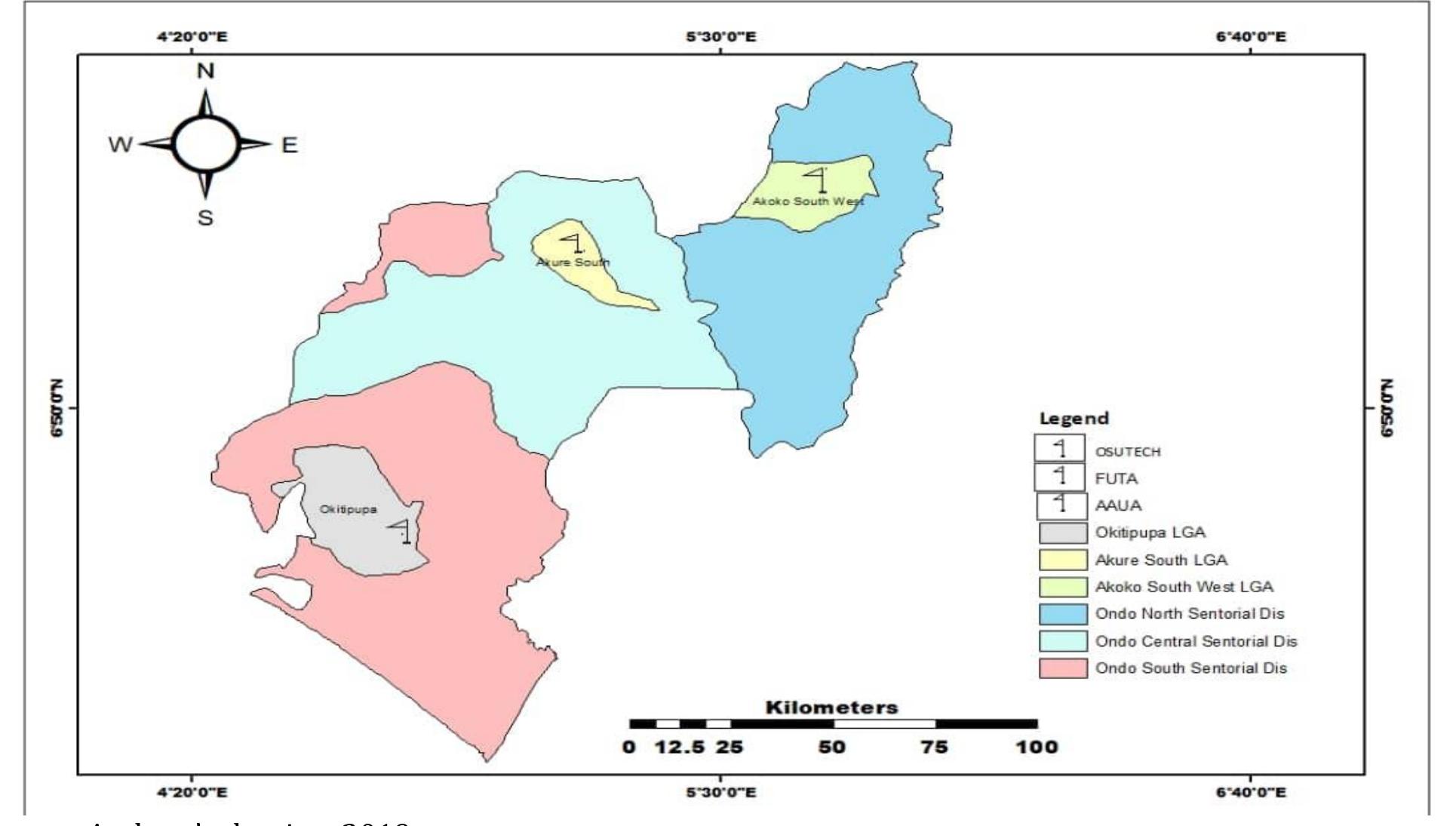 Ondo state map showing the 3 senatorial districts and