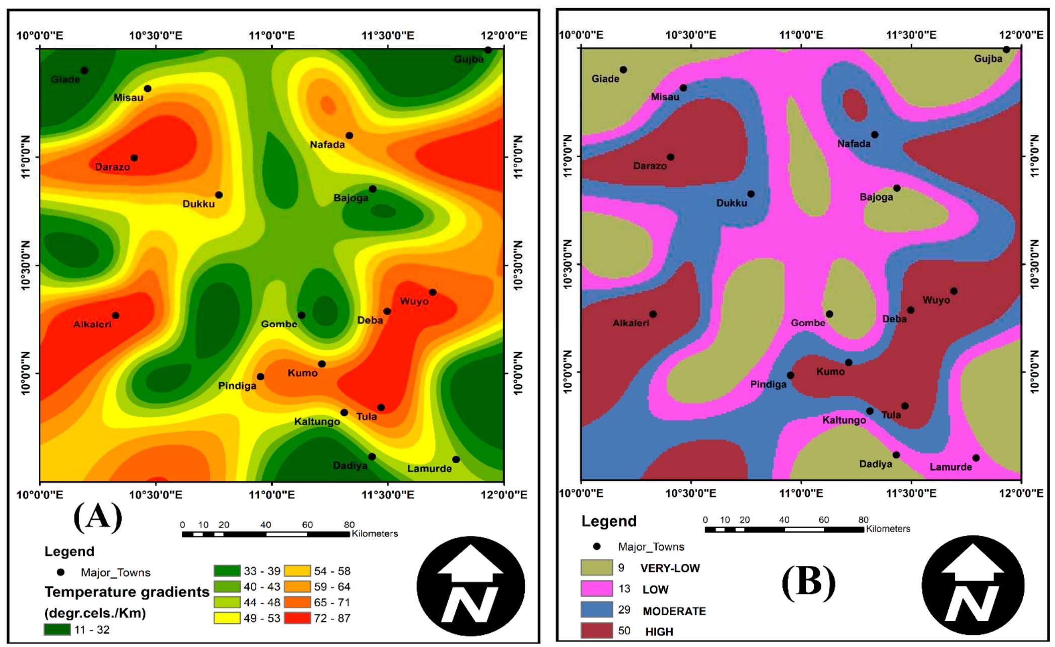 (a) temperature gradients map of the study area; (b)