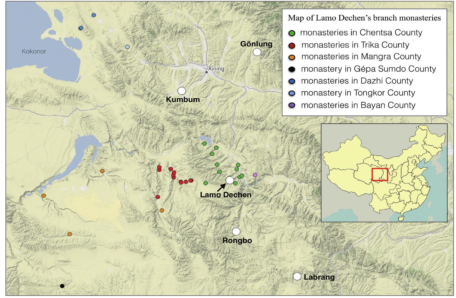 Map of lamo dechen’s branch monasteries, generated by qgis
