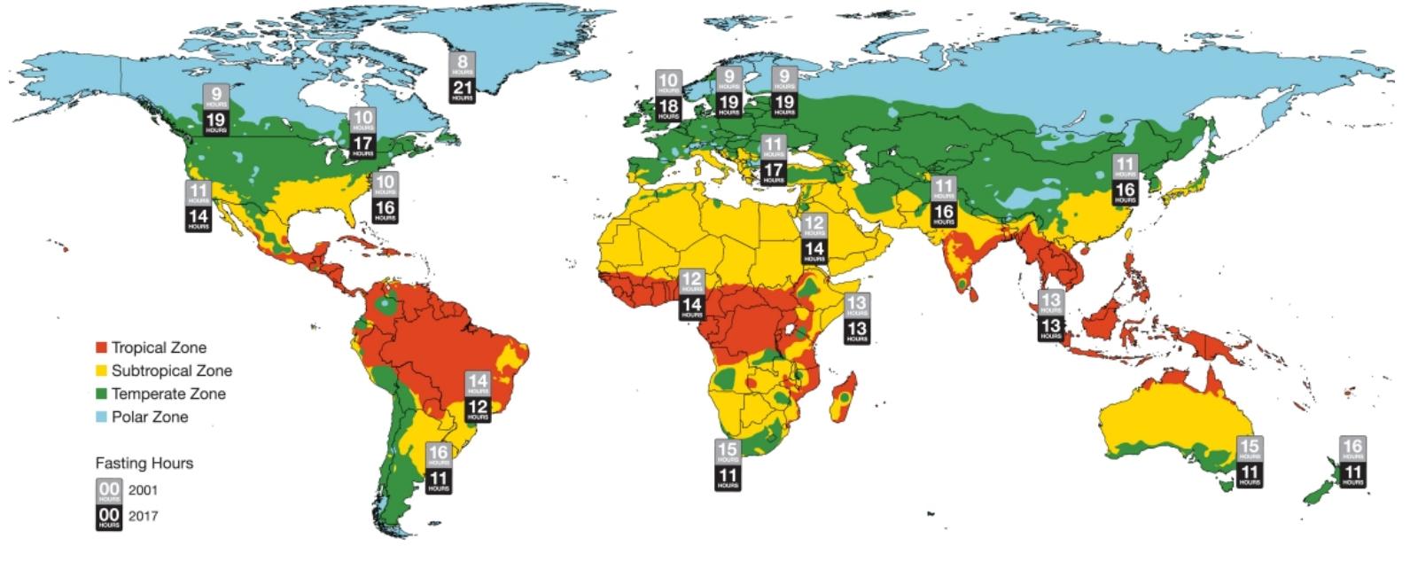 World map depicting four major climate zones and average