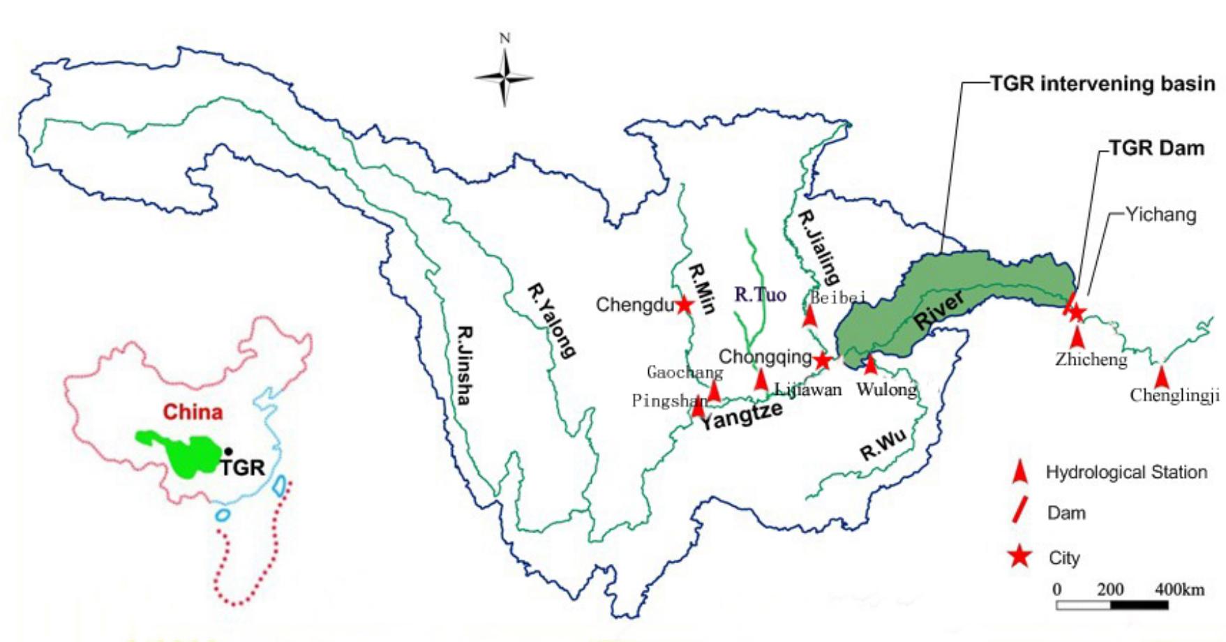 Locations of main tributaries and gauging stations in the