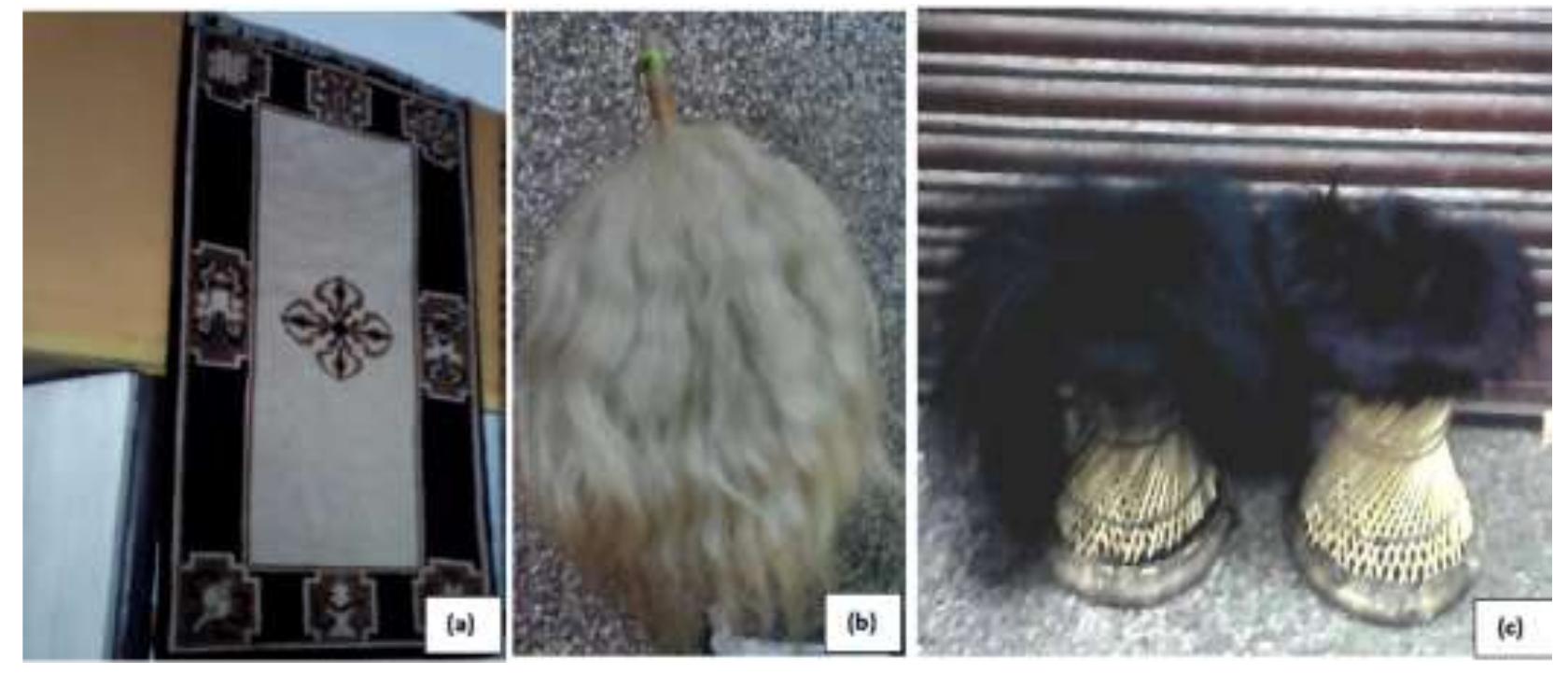 (a) carpet made from yak hair, (b) yak tail or chamar and