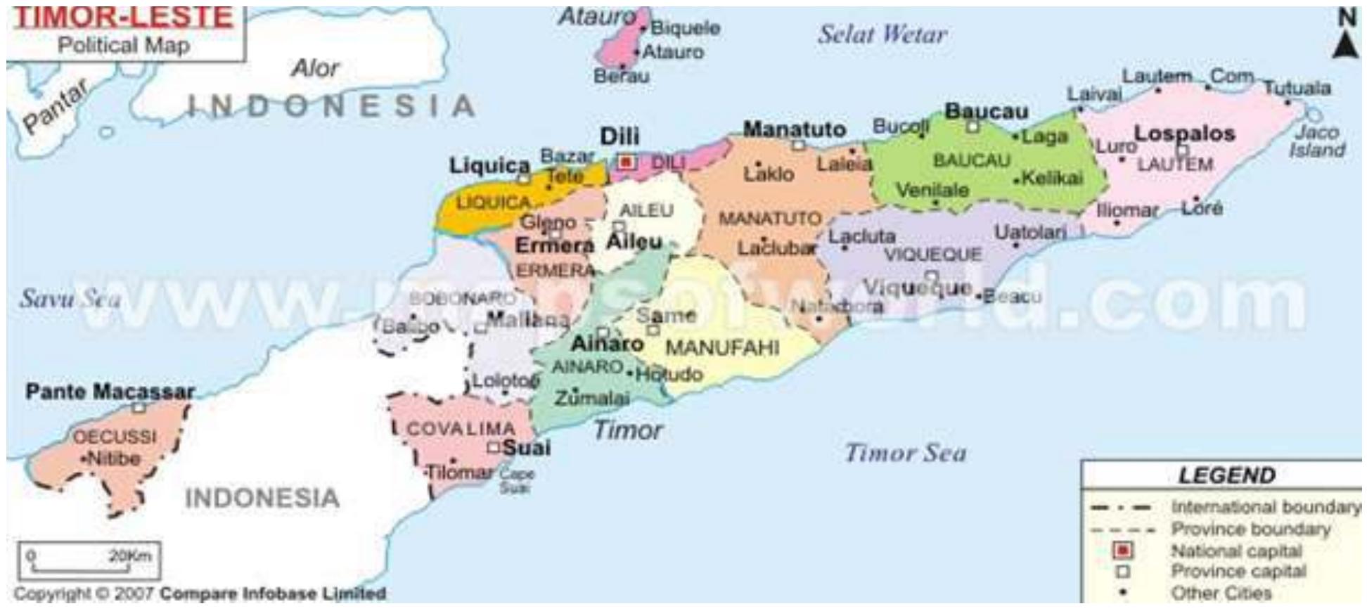 A map of timor-leste showing the 13 districts including the