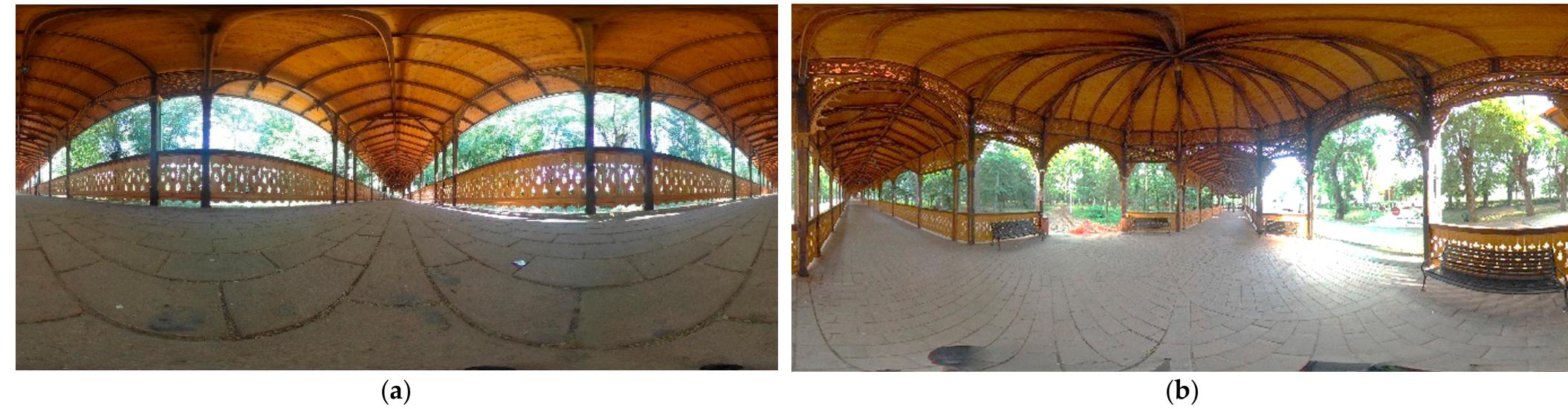 Examples of equirectangular images acquired by the ricoh