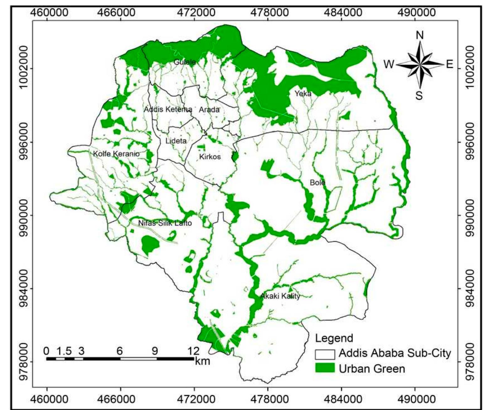 Map of addis ababa with existing green spaces. reprinted