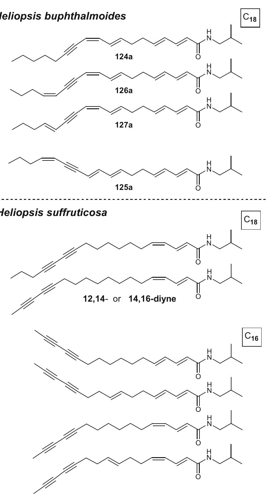 Acetylenic c;g and cig alkamides from heliopsis species.