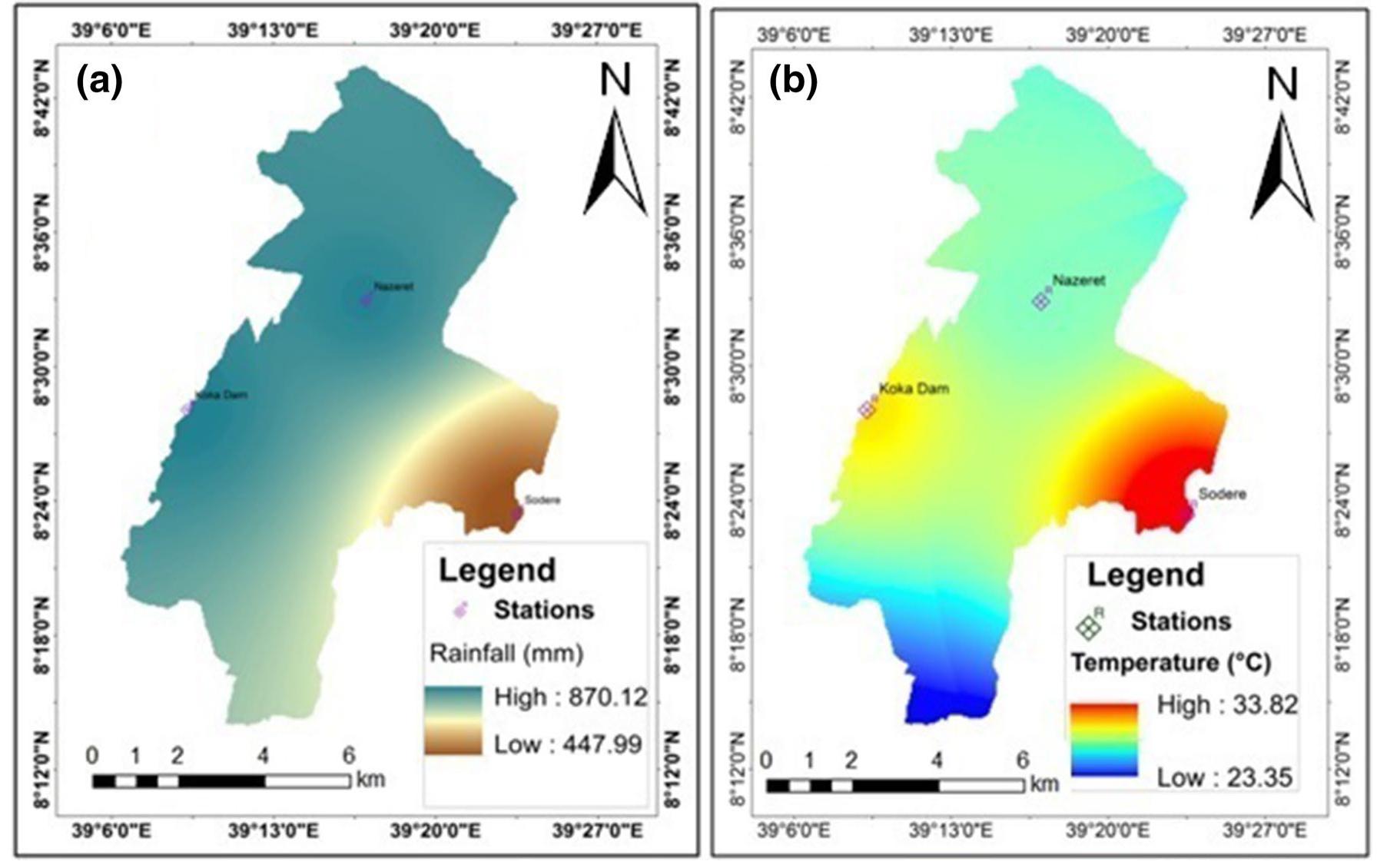A interpolated maps of rainfall and b temperature in adama