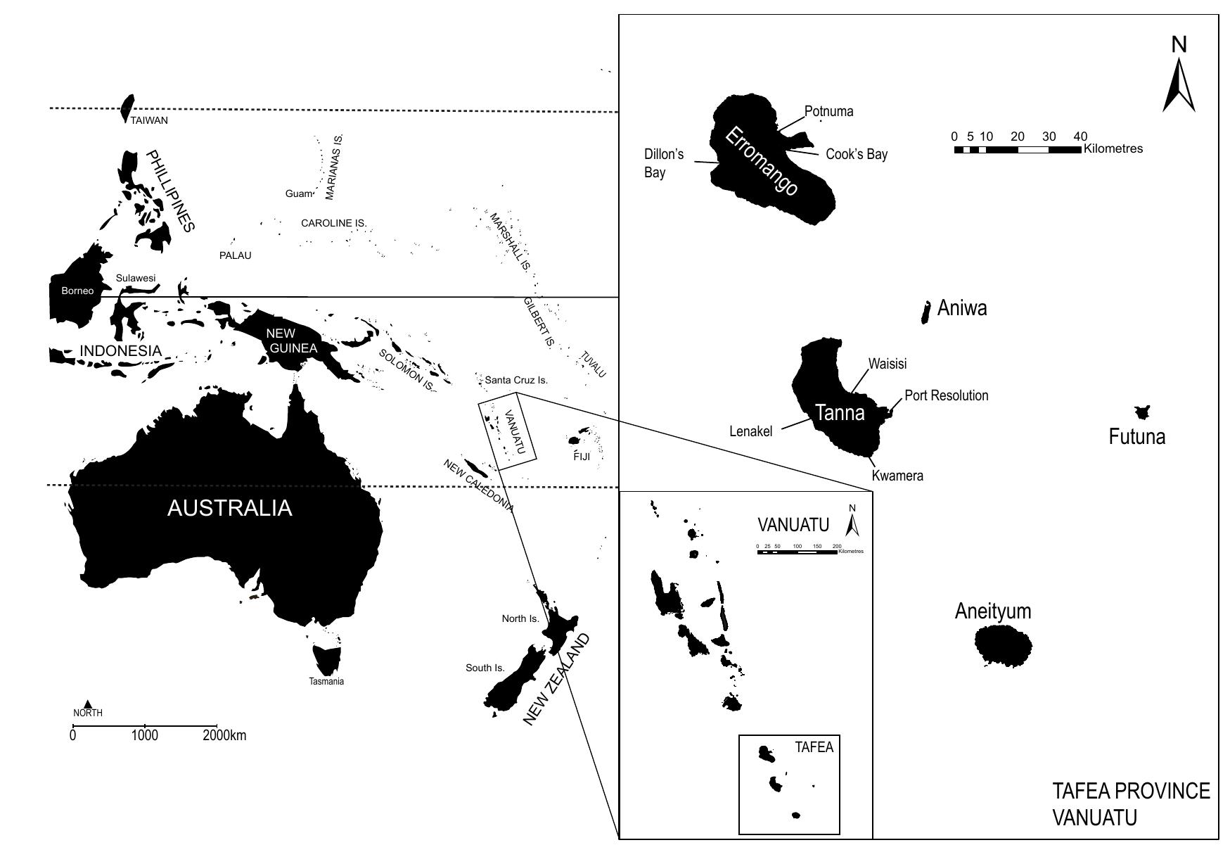 1 map of southern vanuatu, including islands and communities