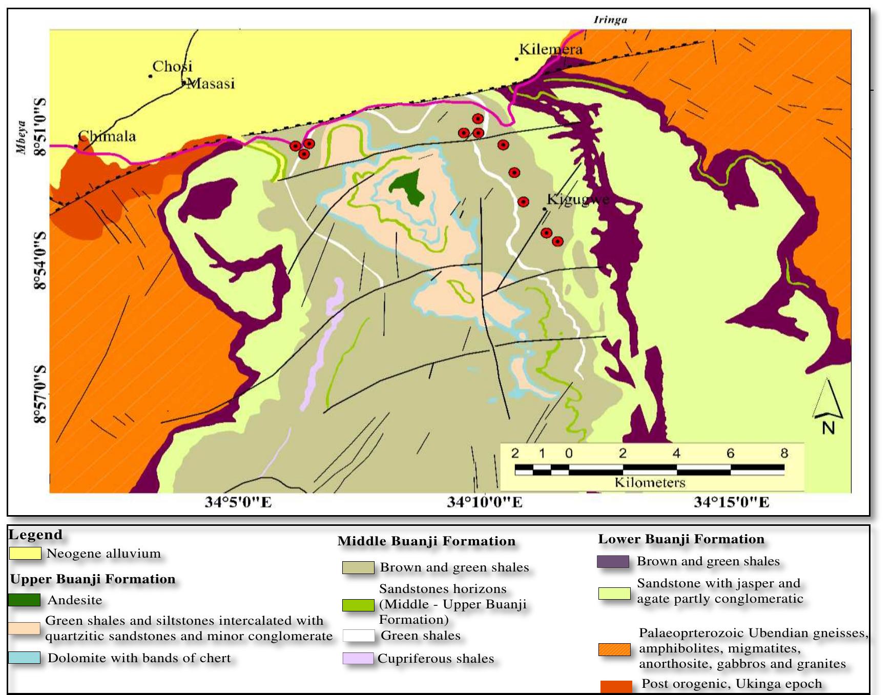 Map showing geology and the locations of the collected