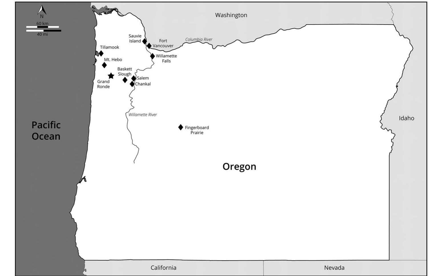 Map of oregon with field trip locations highlighted. se ee