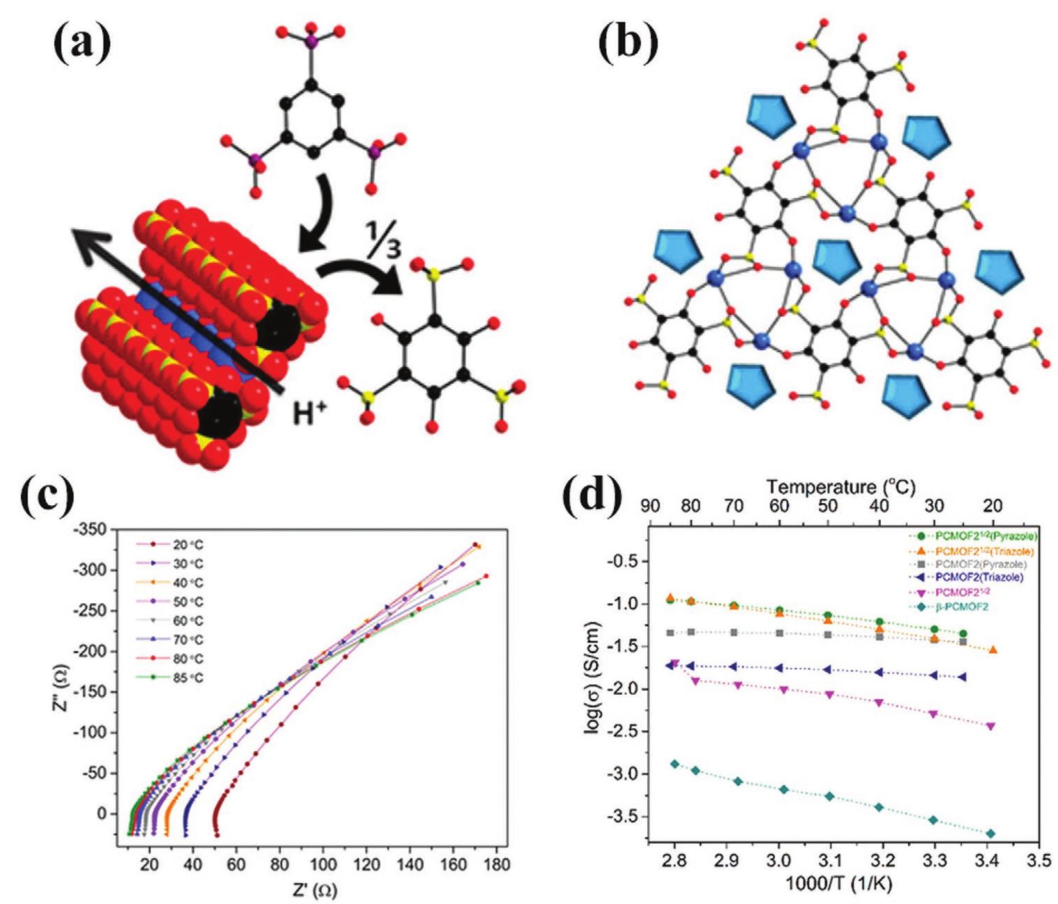 A) schematic illustration of proton-conductive pathway and