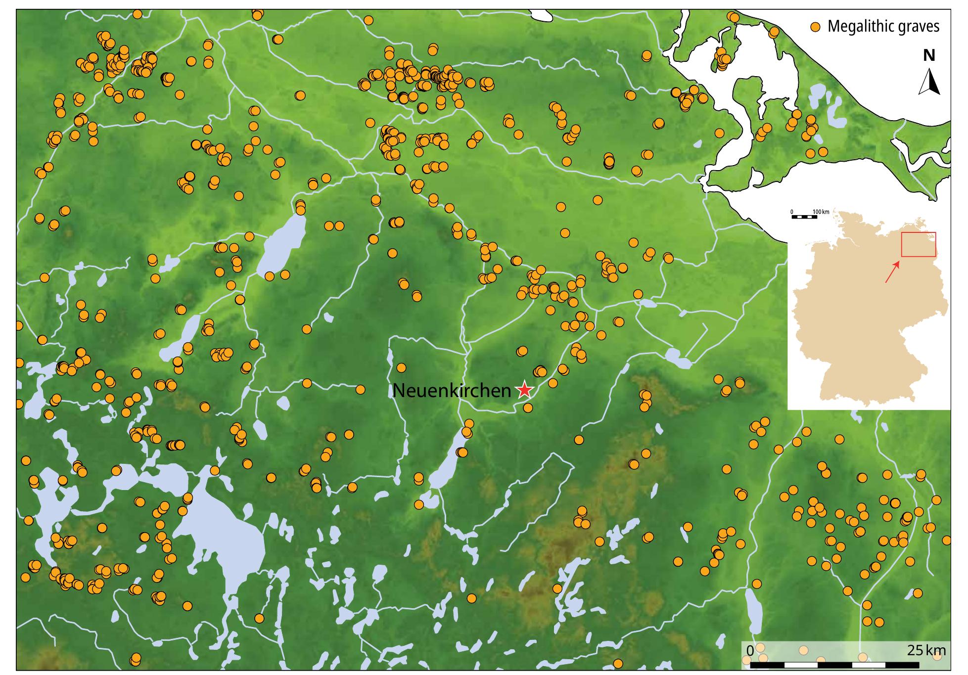 Map of megalithic graves in the vicinity of neuenkirchen