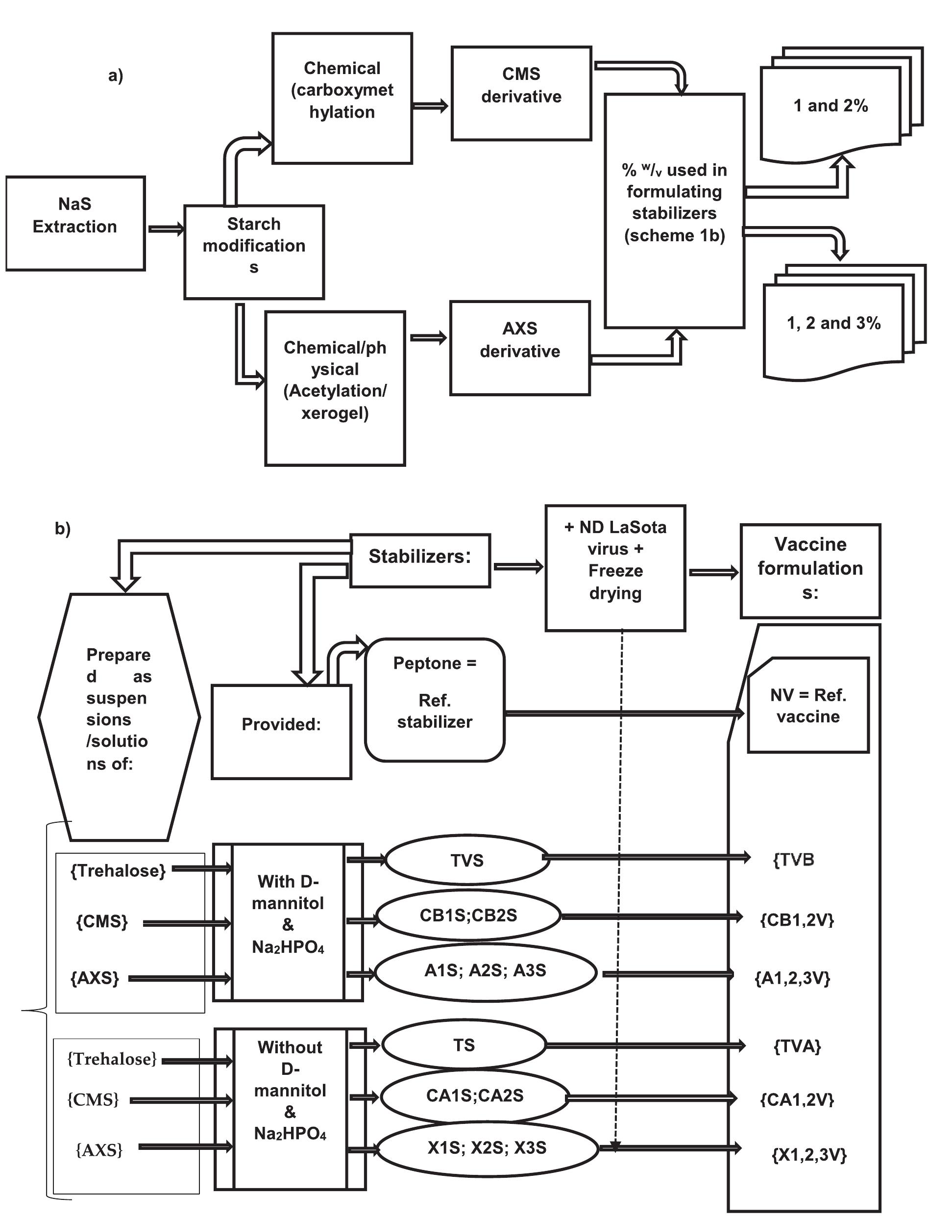 Flowchart of experiments. a) native starch (nas) extraction